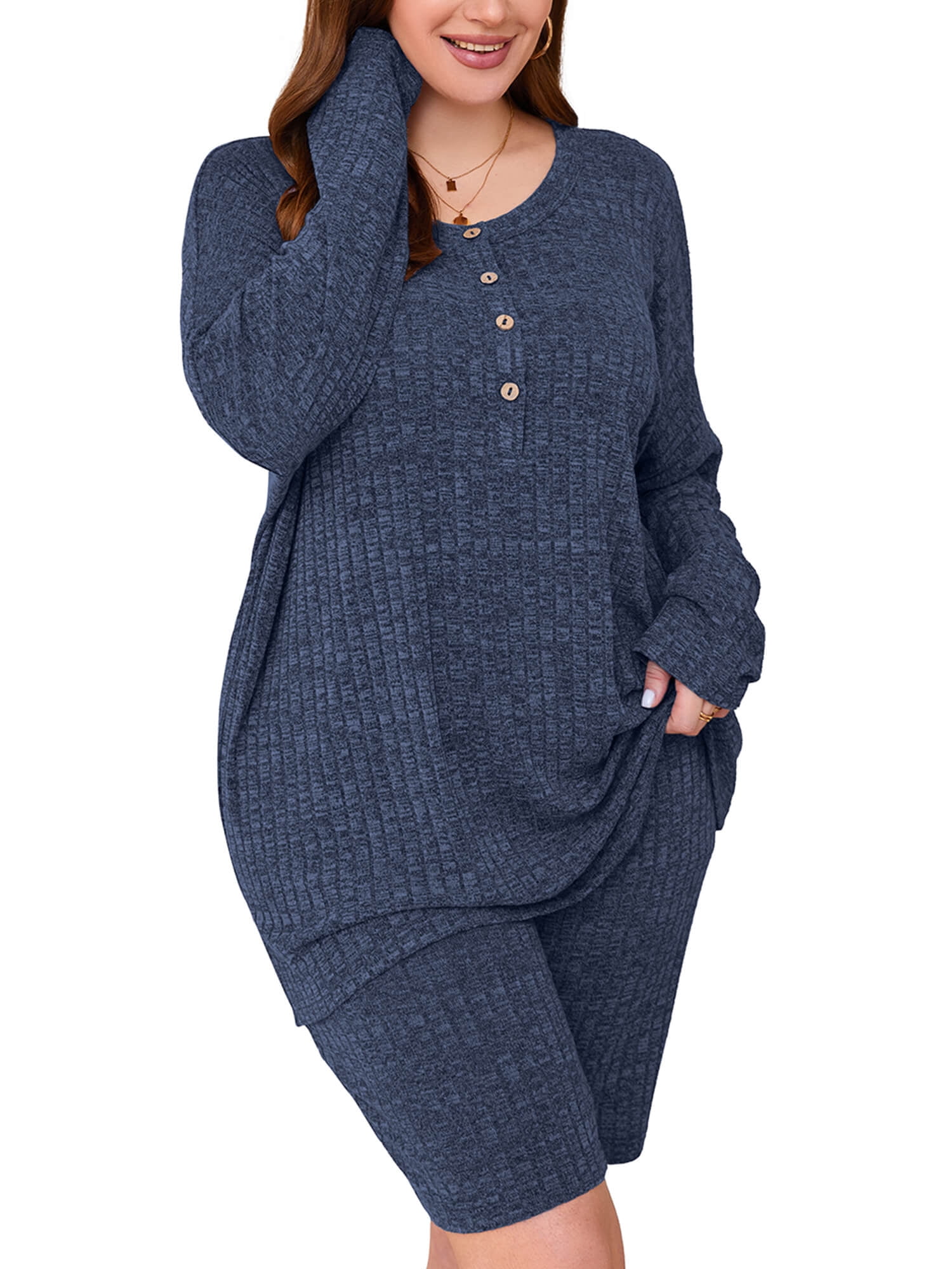 SHOWMALL Women Plus Outfit Sets 2 Piece Sweatsuits Blue 5X Ribbed Knit ...
