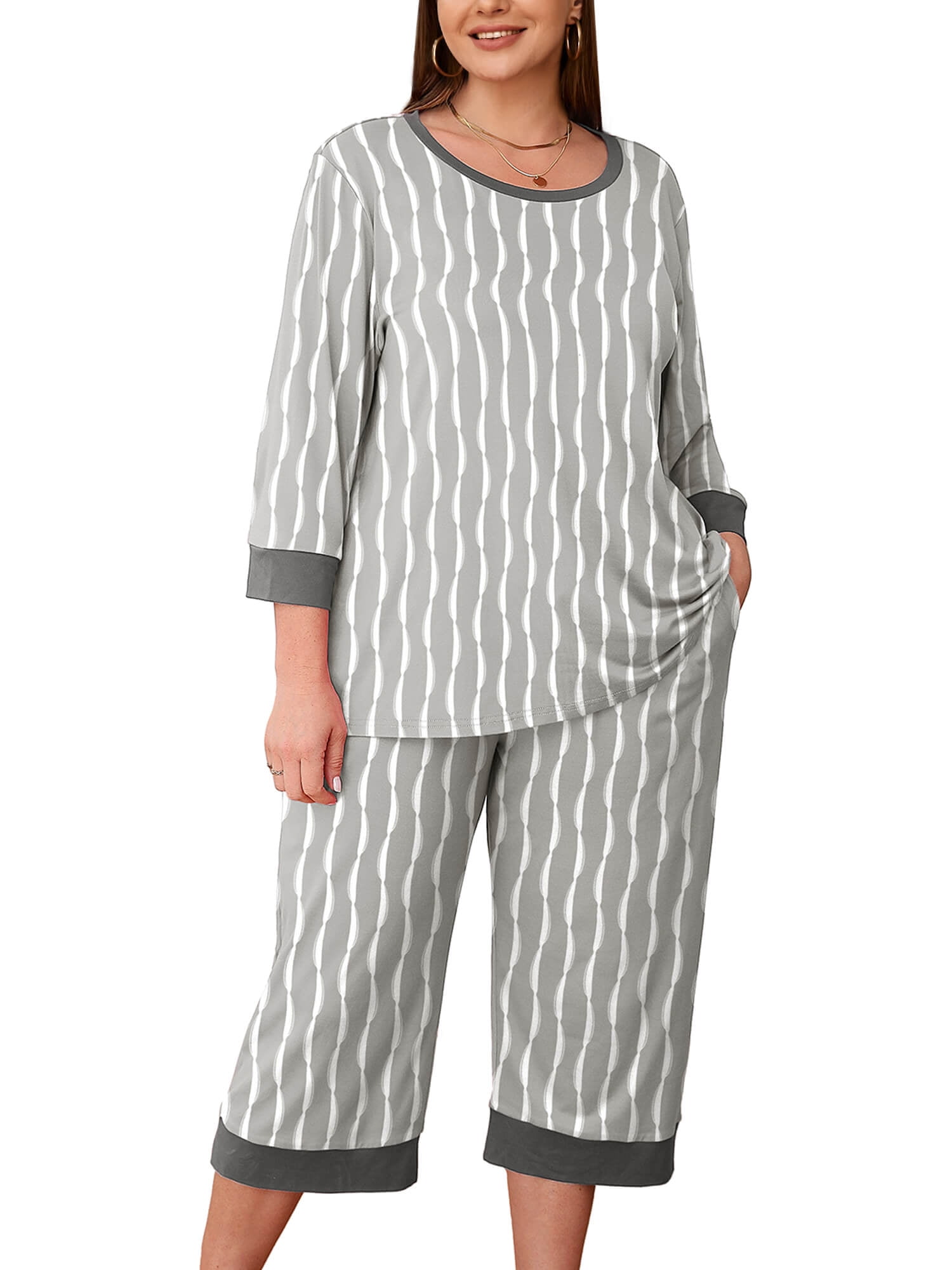 SHOWMALL Women Plus Pajama Sets 3/4 Sleeves Crew-Neck Tops and Loose ...