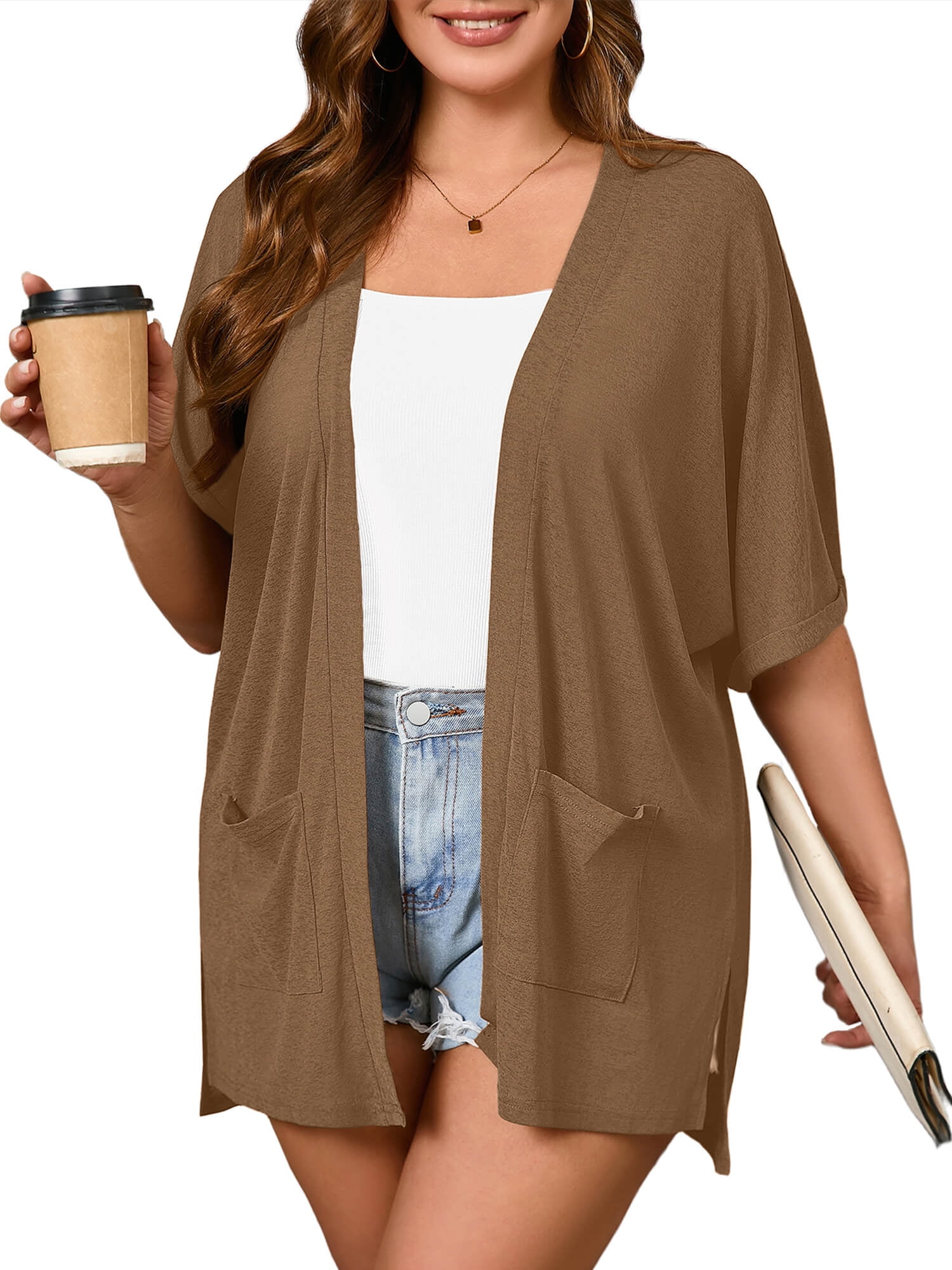 SHOWMALL Women Plus Size Lightweight Cardigan Coffee 2X Summer Short ...