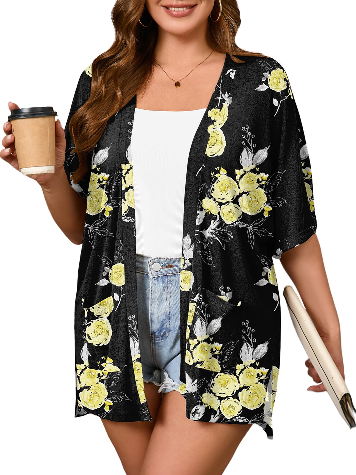 SHOWMALL Women Plus Size Lightweight Floral Shrugs Black Golden Floral ...