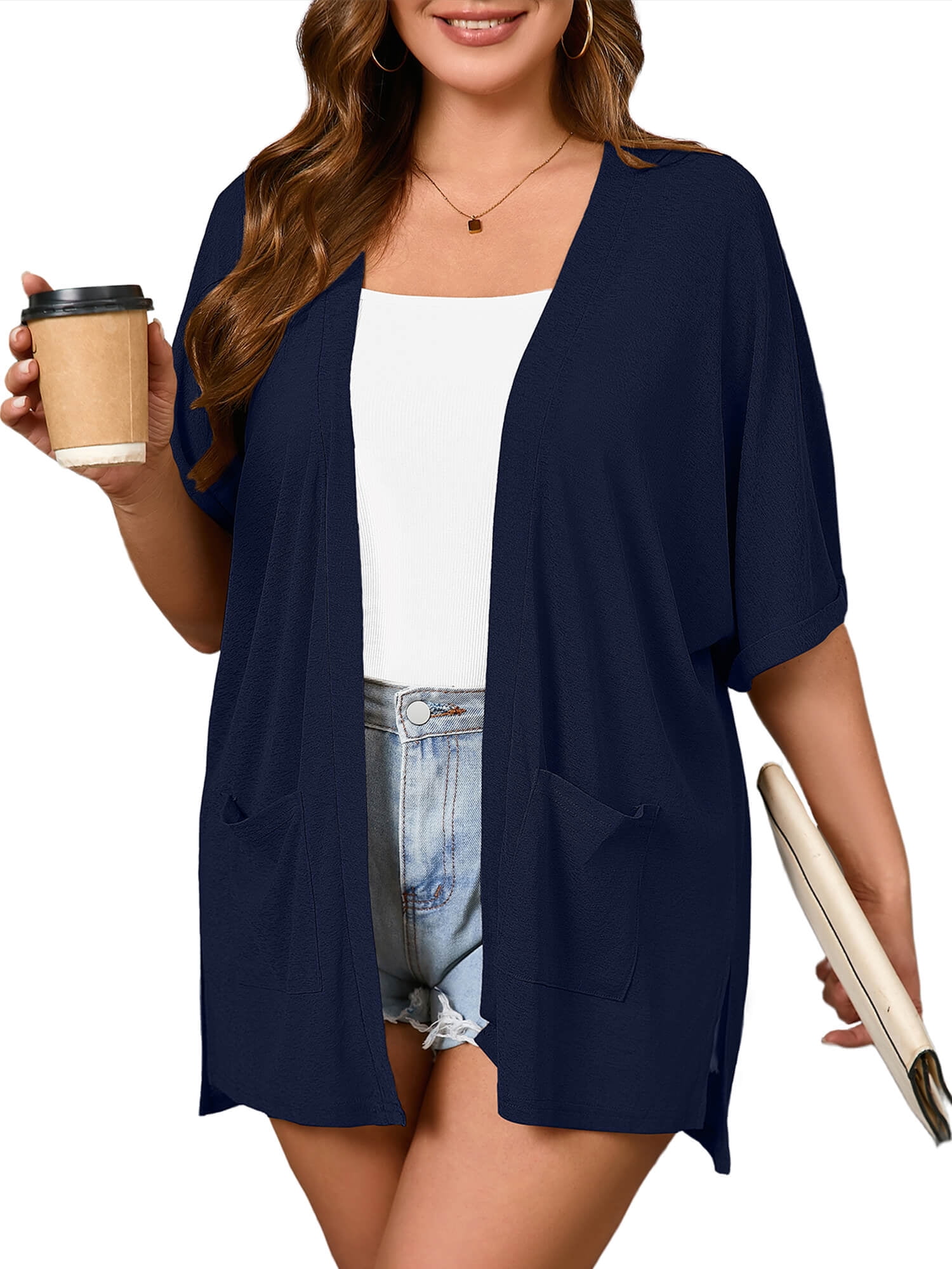 SHOWMALL Women Plus Size Summer Kimono Sides Slit Navy Blue 5X ...