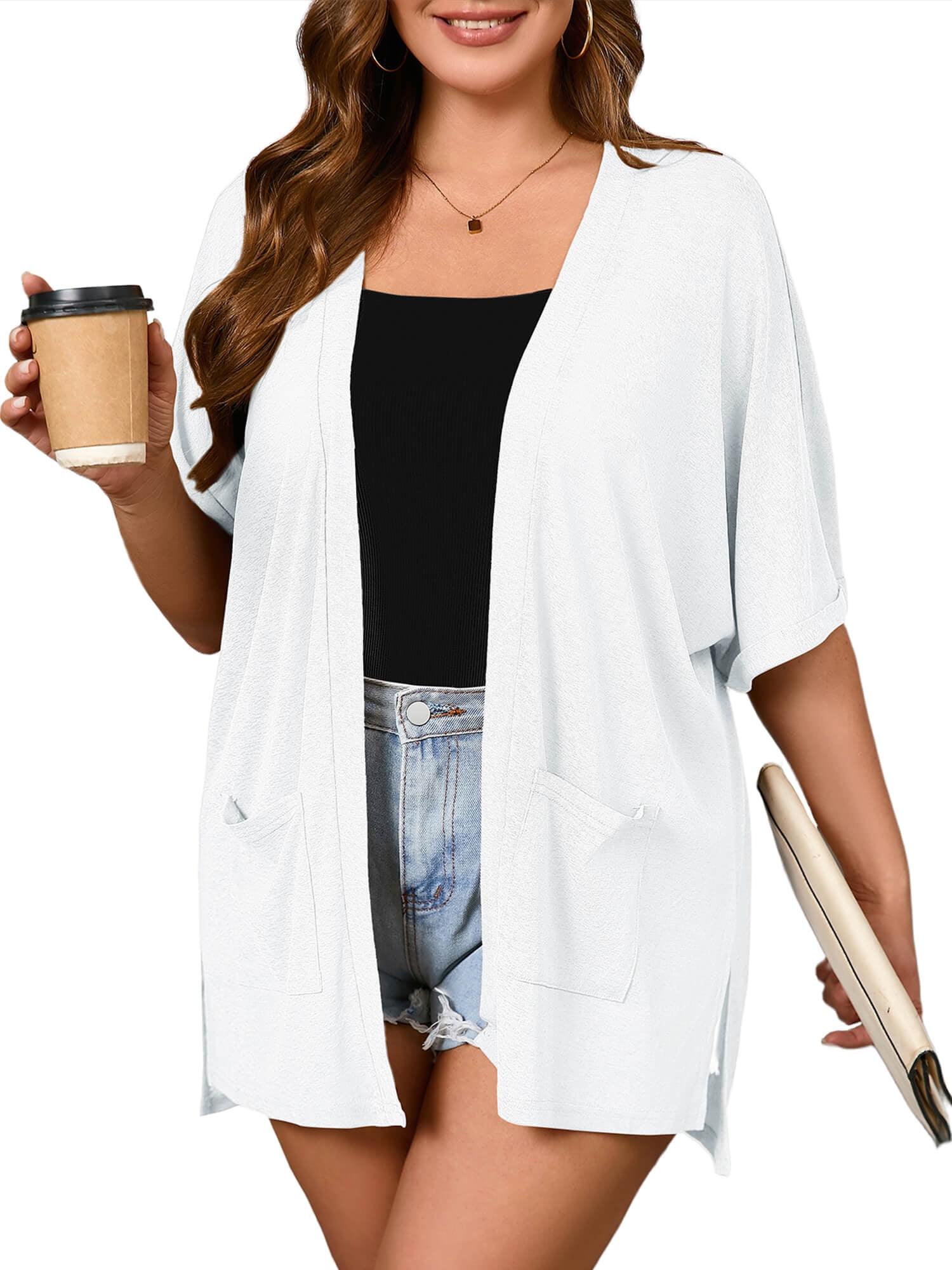 SHOWMALL Women Plus Size Summer Kimono Sides Slit White 2X Lightweight ...