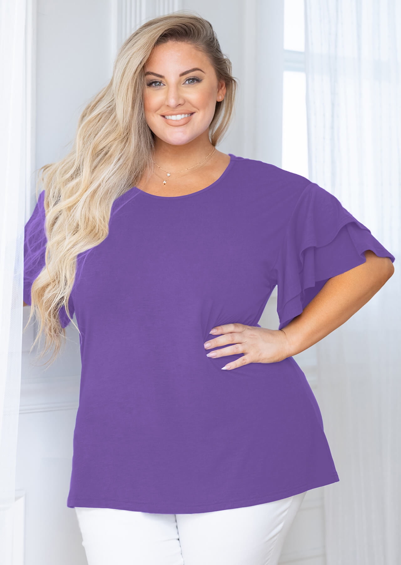 SHOWMALL Women Plus Tops Double Ruffle Short Sleeve Purple 3X Tunic ...