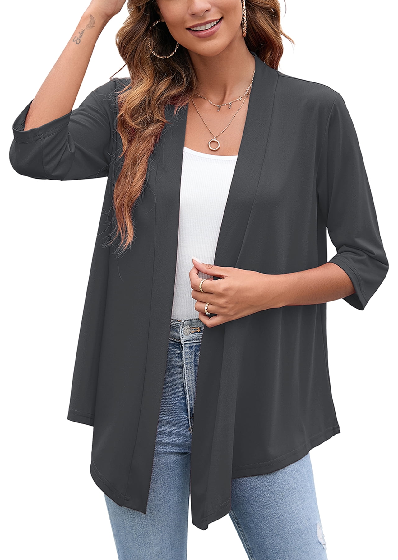 SHOWMALL Women's Casual Lightweight Open Front Cardigans Soft Draped 3/ ...