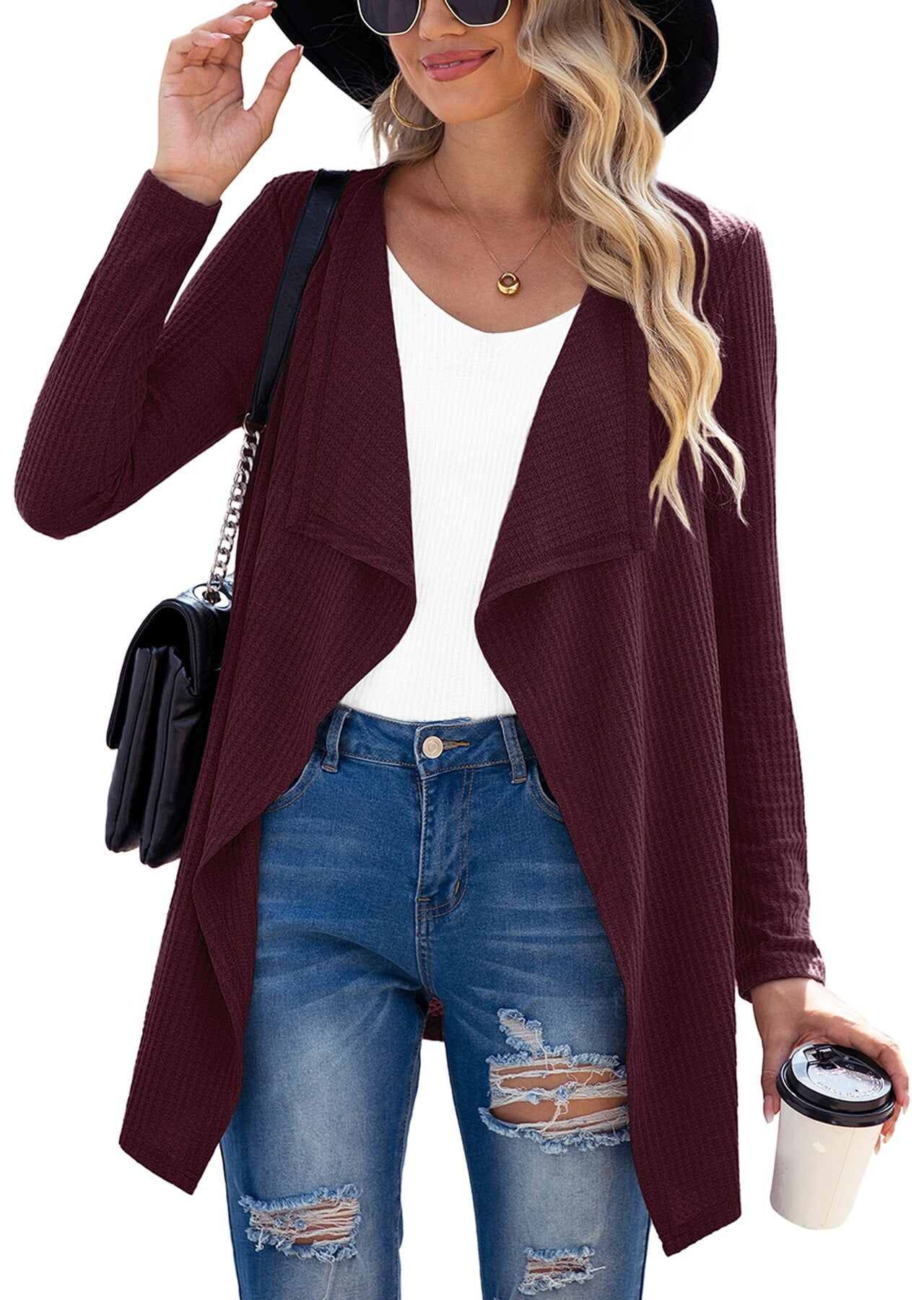 SHOWMALL Women's Lightweight Waffle Knit Cardigan Irregular Hem ...
