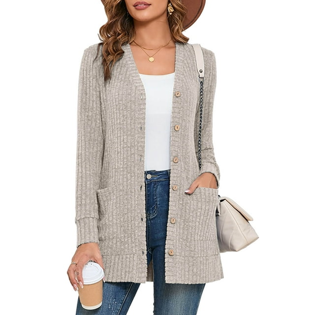 SHOWMALL Women's Long Sleeve Open Front Cardigan Button Down Apricot L ...
