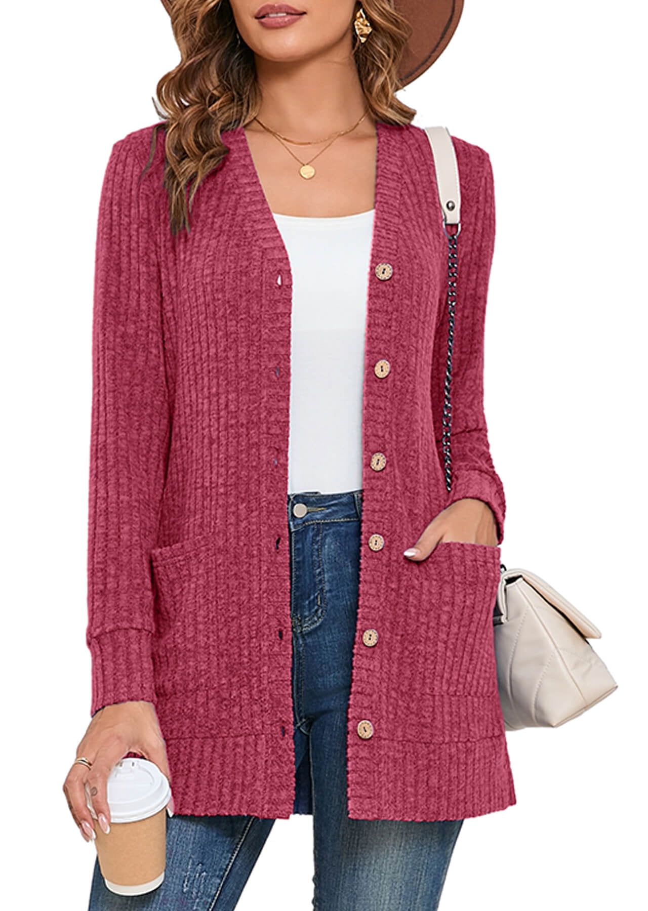 SHOWMALL Women's Long Sleeve Open Front Cardigan Button Down Jujube Red ...