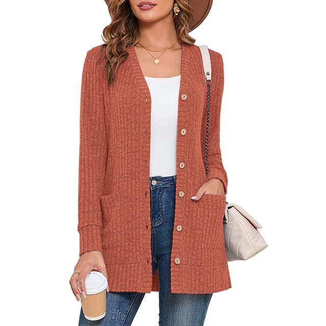 SHOWMALL Women's Long Sleeve Open Front Cardigan Button Down Pumpkin M ...