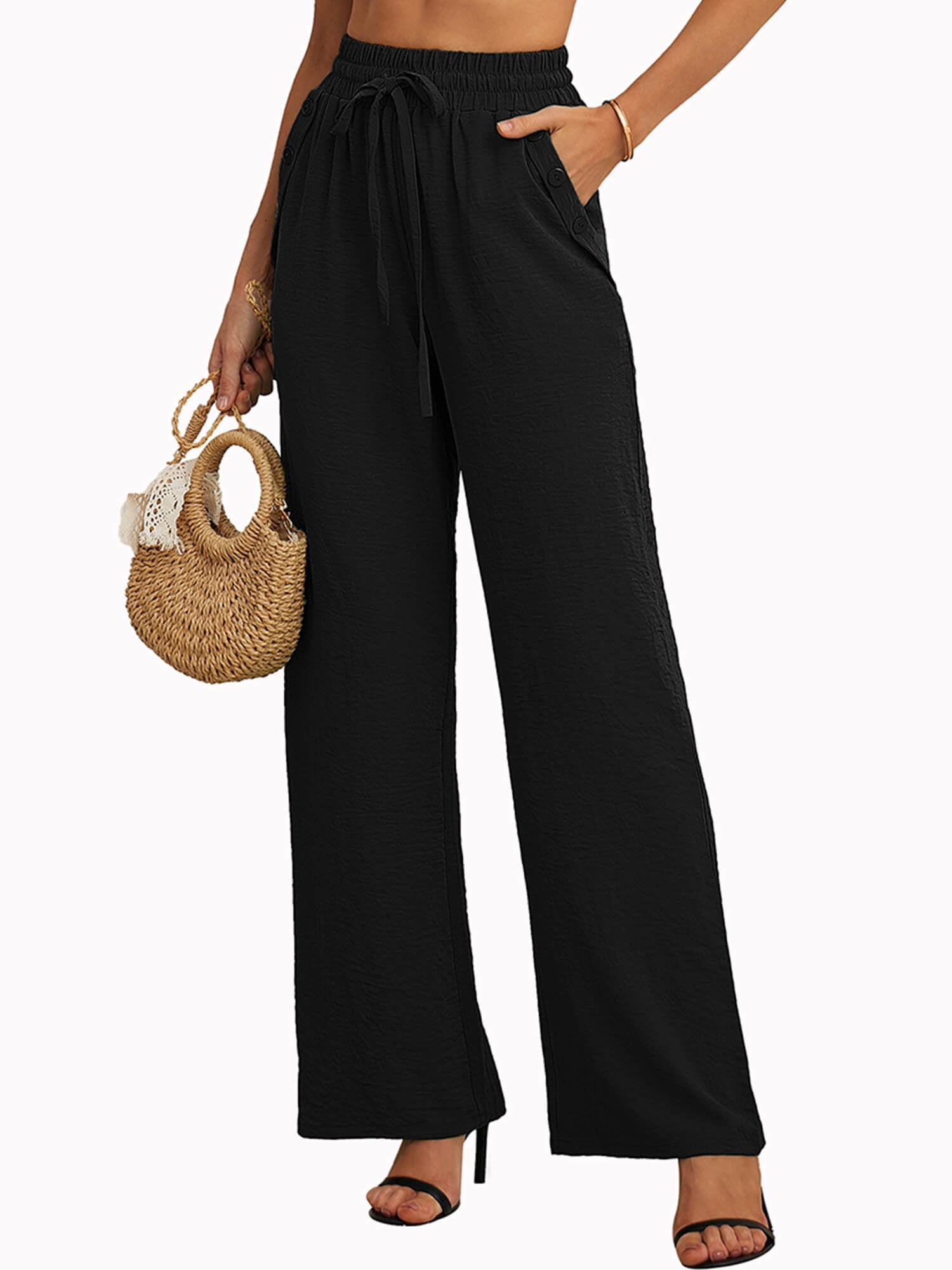 SHOWMALL Women's High Waist Flowy Palazzo Pants, Wide Leg, Drawstring ...