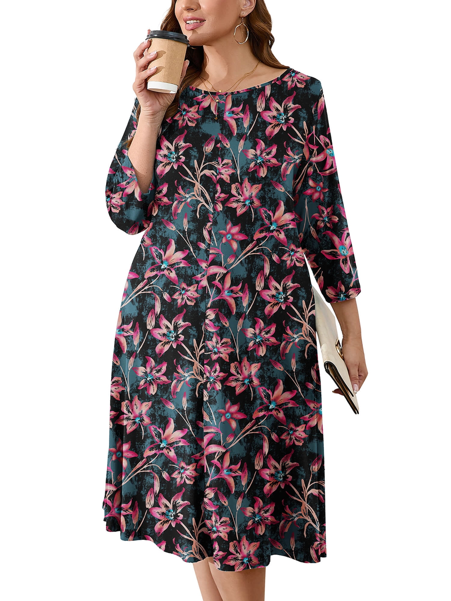 SHOWMALL Women's Plus A-Line Swing Dress Pink Floral 3X Casual Dress 3/4 Sleeves Midi Dress Boat ...