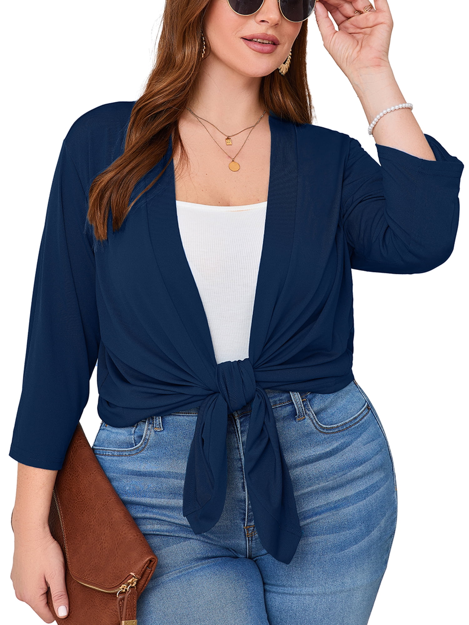 SHOWMALL Women's Plus Cardigans Lightweight Open Front Cardigans 3/4 ...