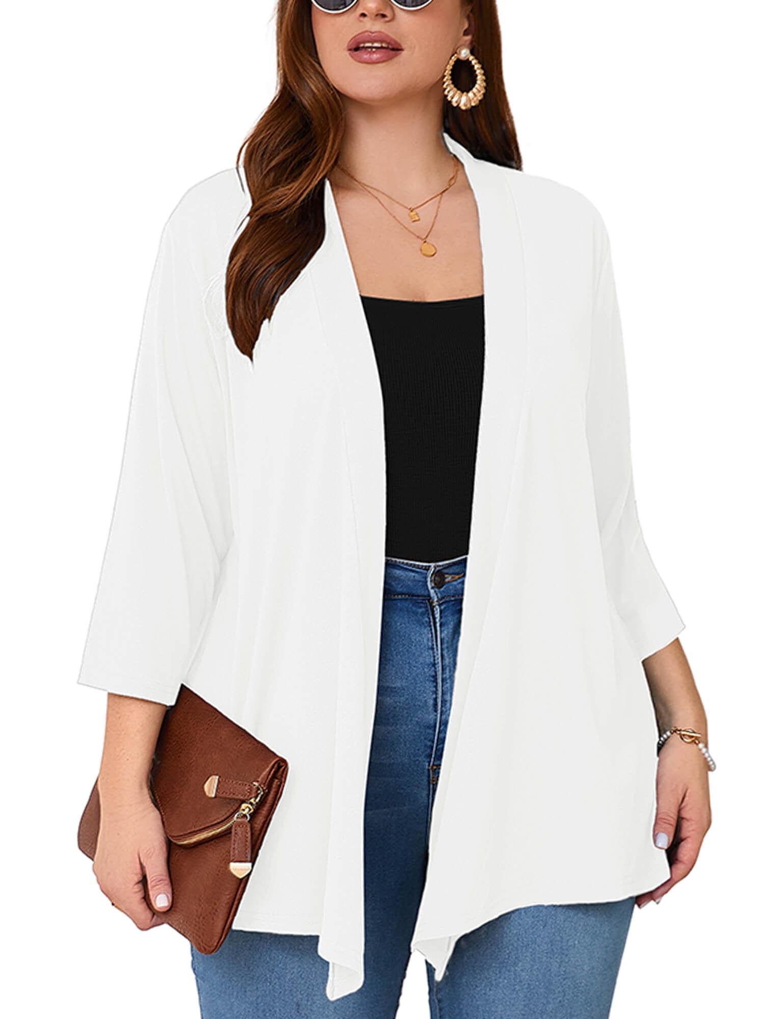 Showmall Women's Plus Size Lightweight 3/4 Sleeve White Cardigan, Soft Drape, Casual Summer ...