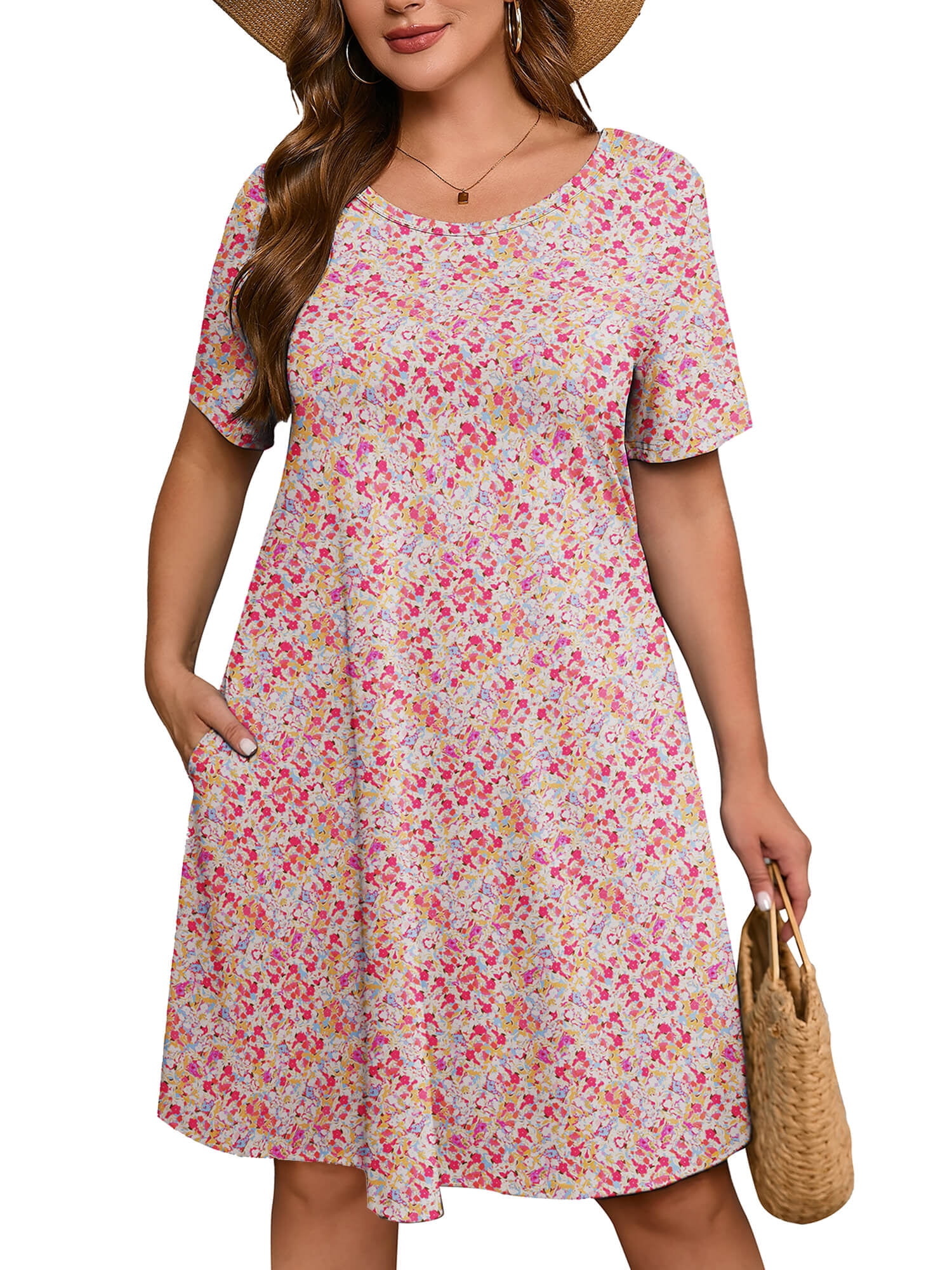 SHOWMALL Women's Plus Casual Dresses Short Swing Floral Beach Sundress ...