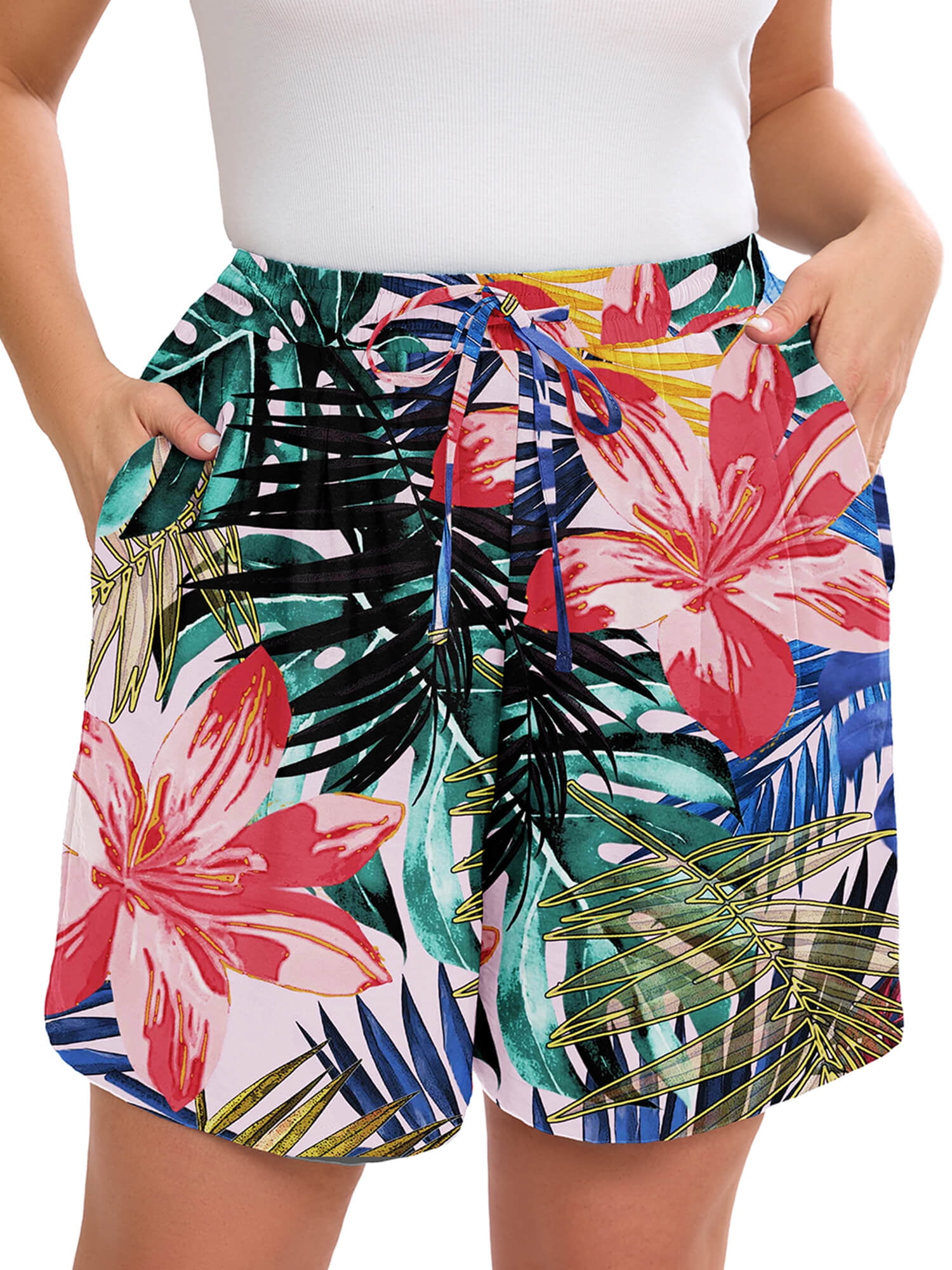 Showmall Women's Plus Size Summer Shorts, Drawstring Elastic Waist ...