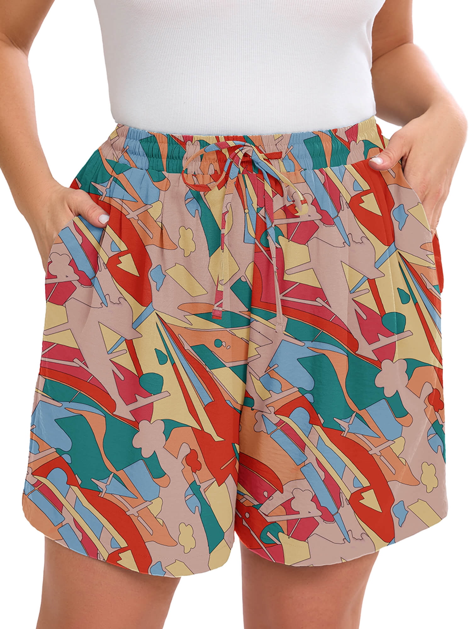 SHOWMALL Women's Plus Drawstring Shorts Floral Vivid Geometric Block 3X ...