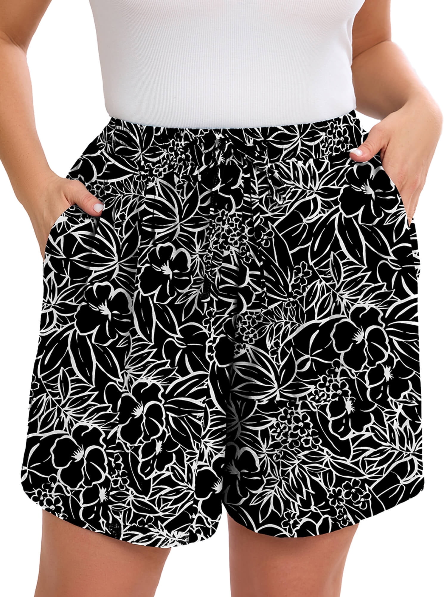Showmall Women's Plus Size Drawstring Shorts, Floral Black, Lightweight ...