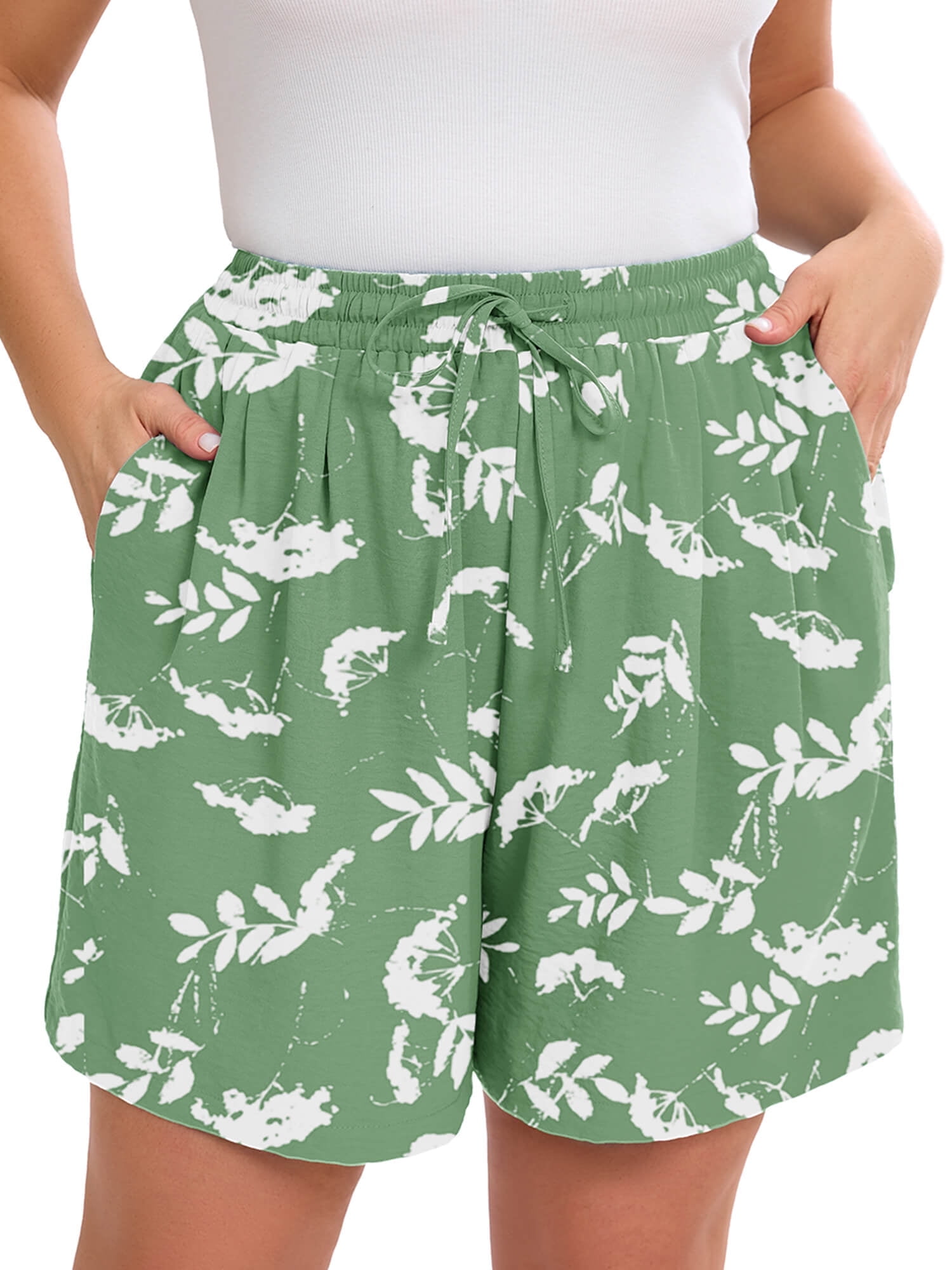 Showmall Plus Size Summer Shorts, Floral White and Green, 3X ...