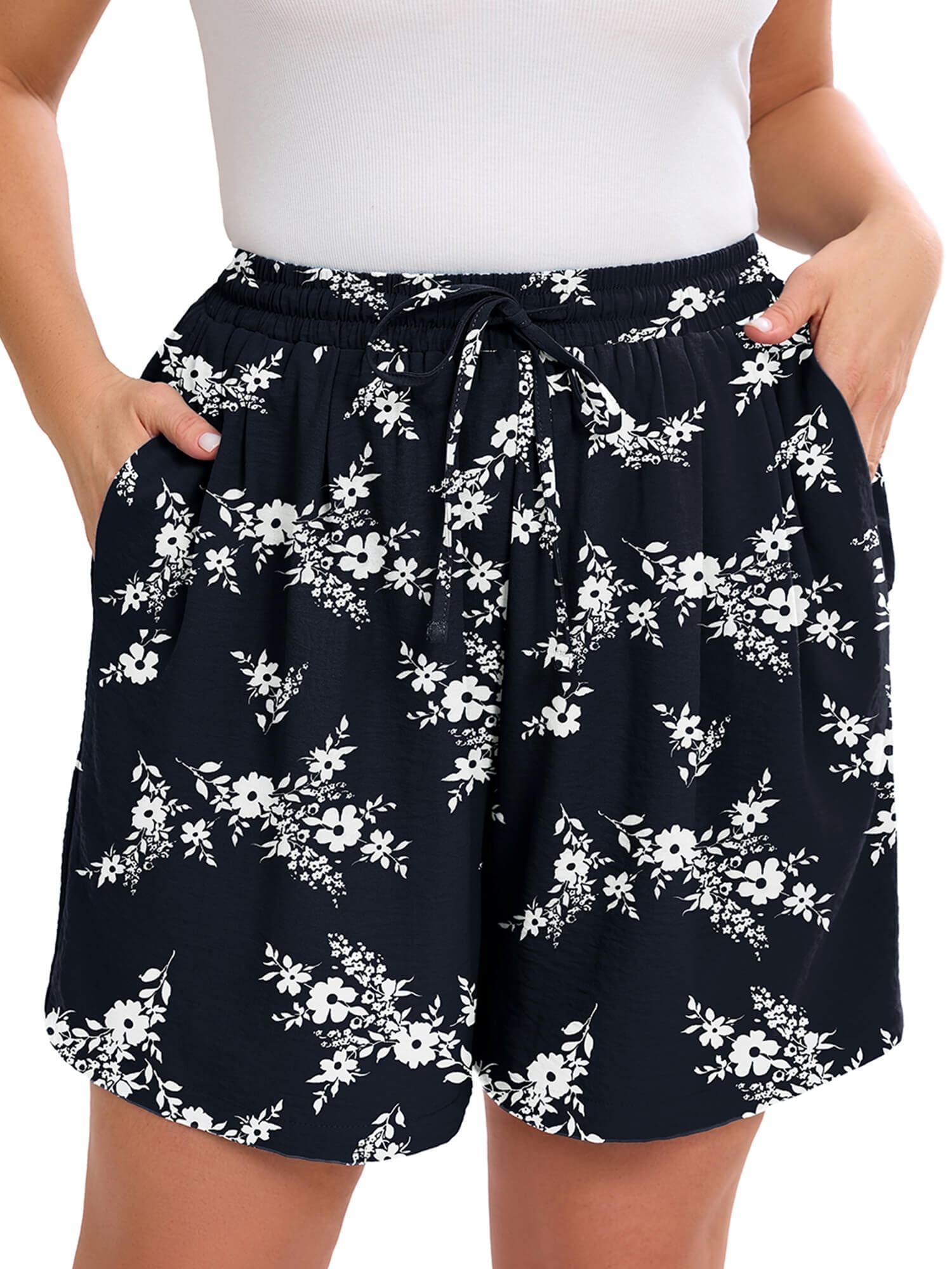 Showmall Women's Plus Size Drawstring Shorts, Floral White, Navy ...