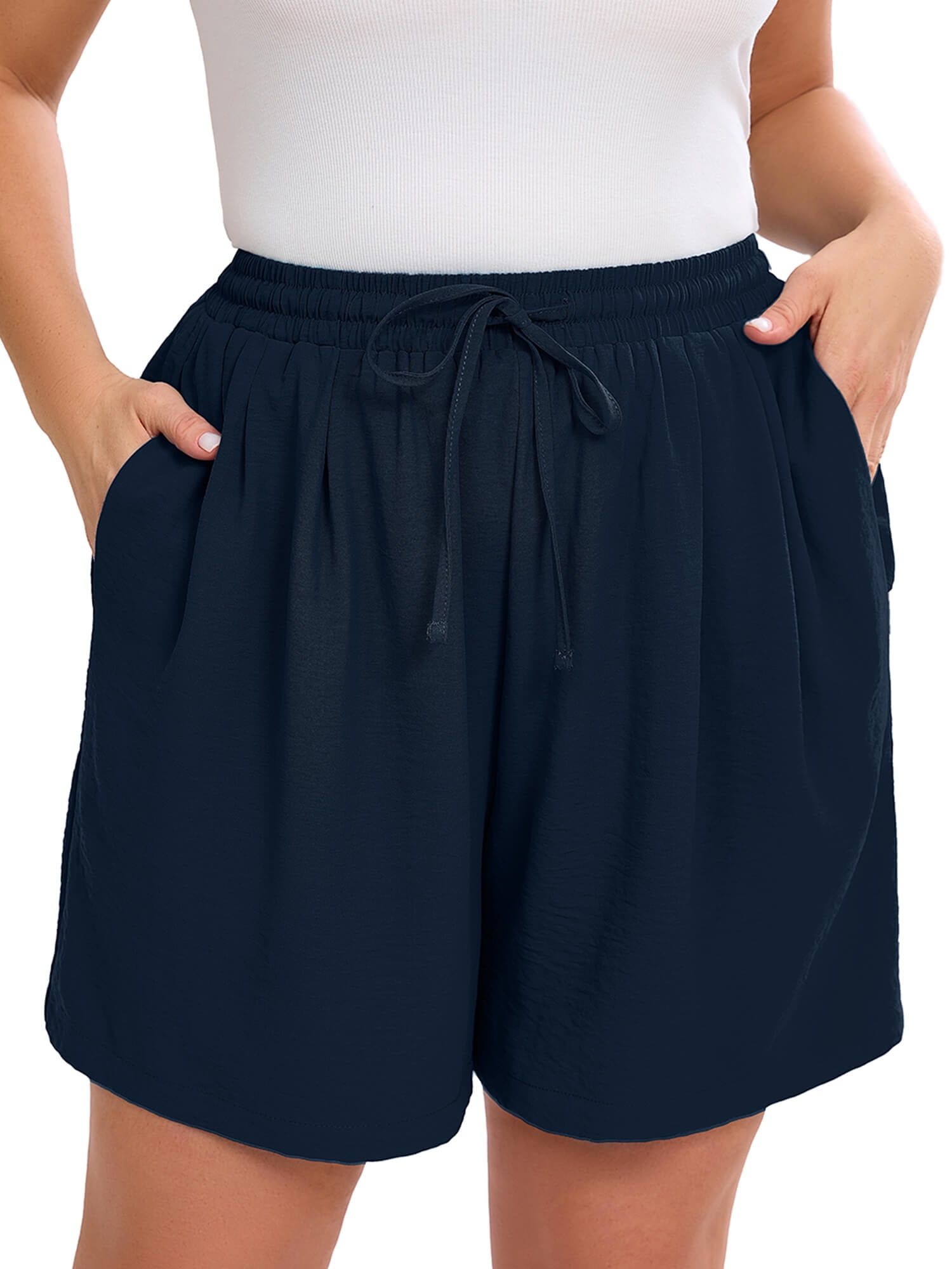 Showmall Women's Plus Size Drawstring Shorts, Navy Blue, 1X, Elastic ...
