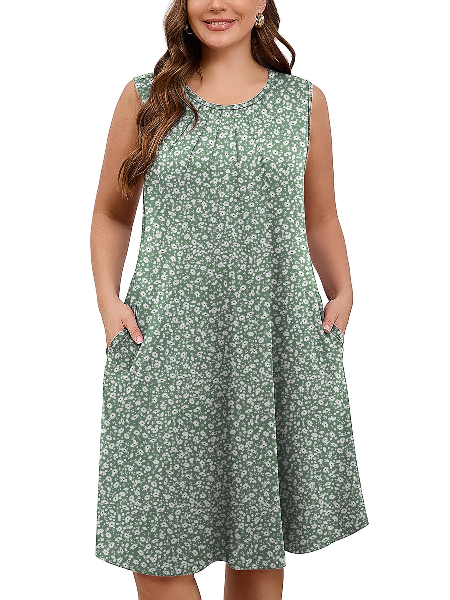 Showmall Women's Plus Sleeveless Sundress, Daisy Green, Casual Summer ...