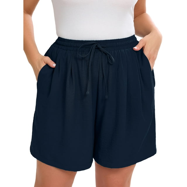 SHOWMALL Women's Plus Drawstring Shorts Navy Blue 3X Summer Elastic ...