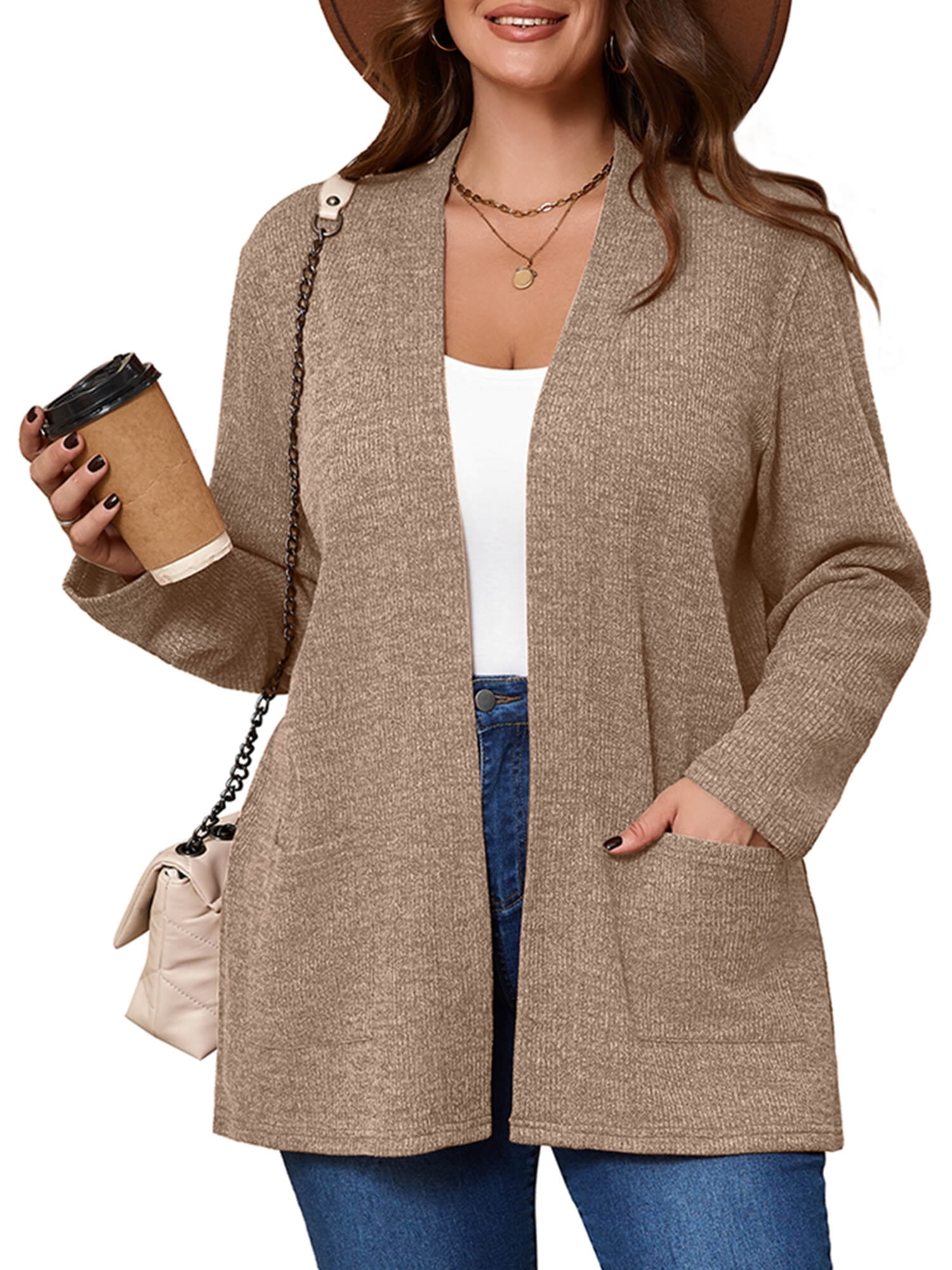 SHOWMALL Women's Plus Open Front Fall Cardigan V Neck Sweater Long ...