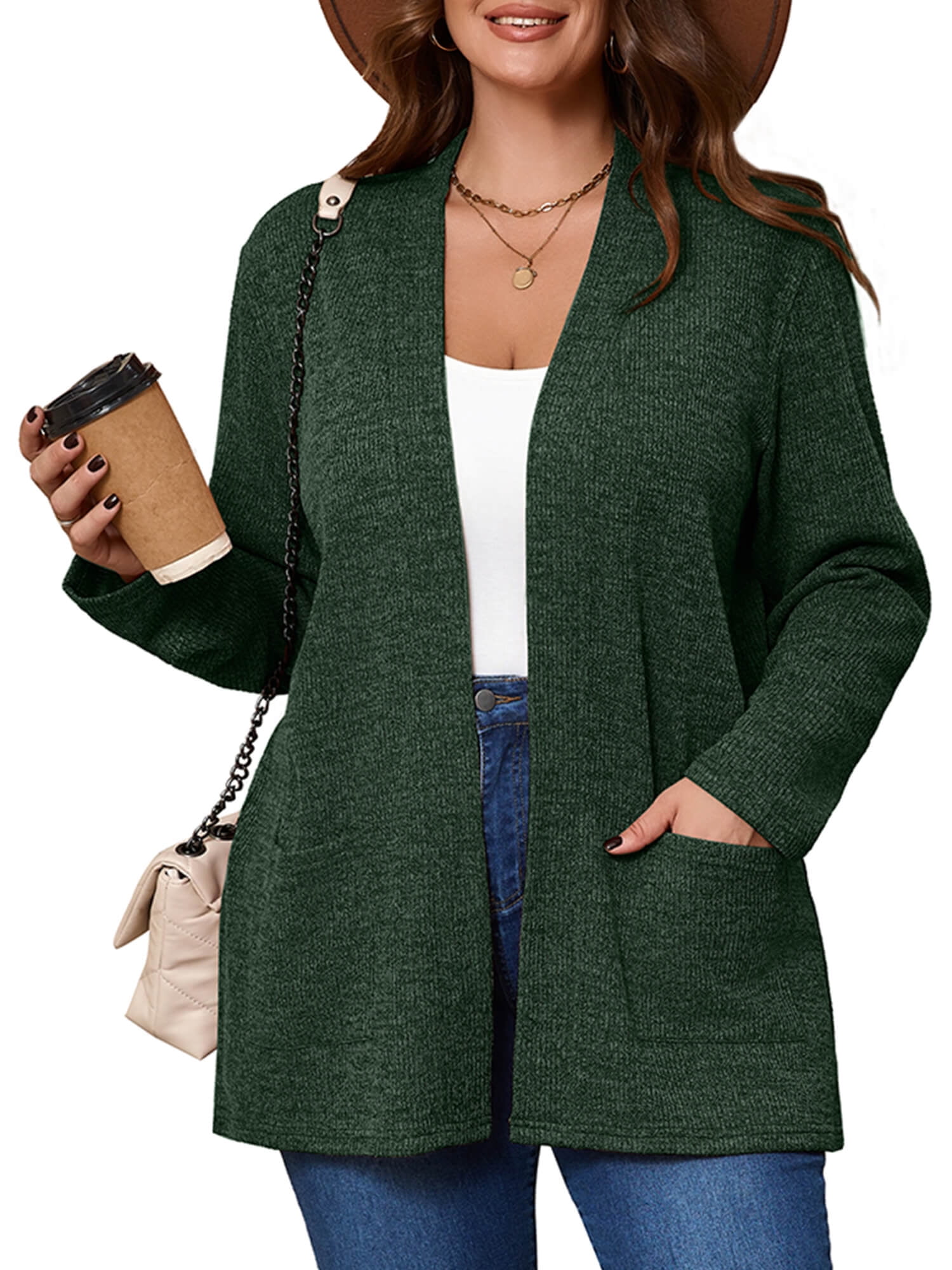 Showmall, Women's Plus Open Front Cardigan, 4X, Dark Green - Walmart.com