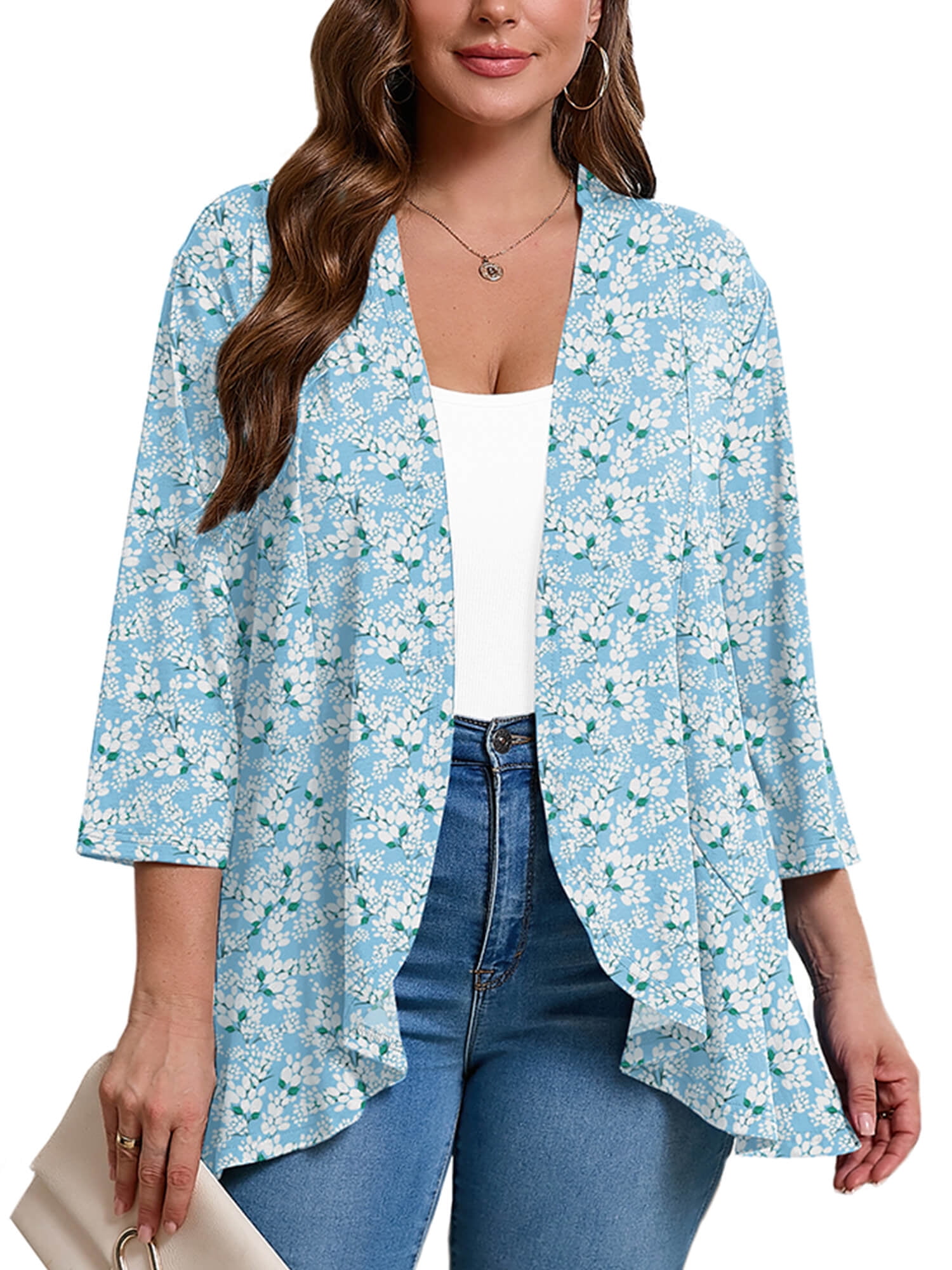 SHOWMALL Women's Plus Open Front Lightweight Cardigan 3/4 Sleeves Bolero Jasmine Blue 4X Pleated ...