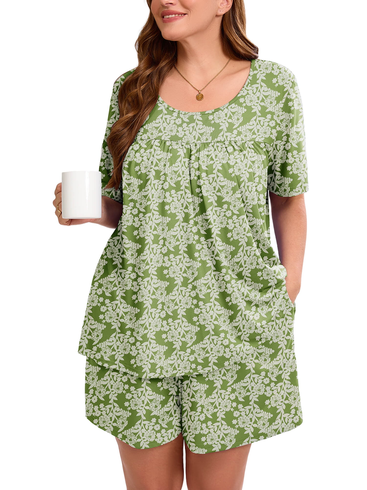 SHOWMALL Women's Plus Pajama Sets Pleated Front Loungewear Green Roses ...