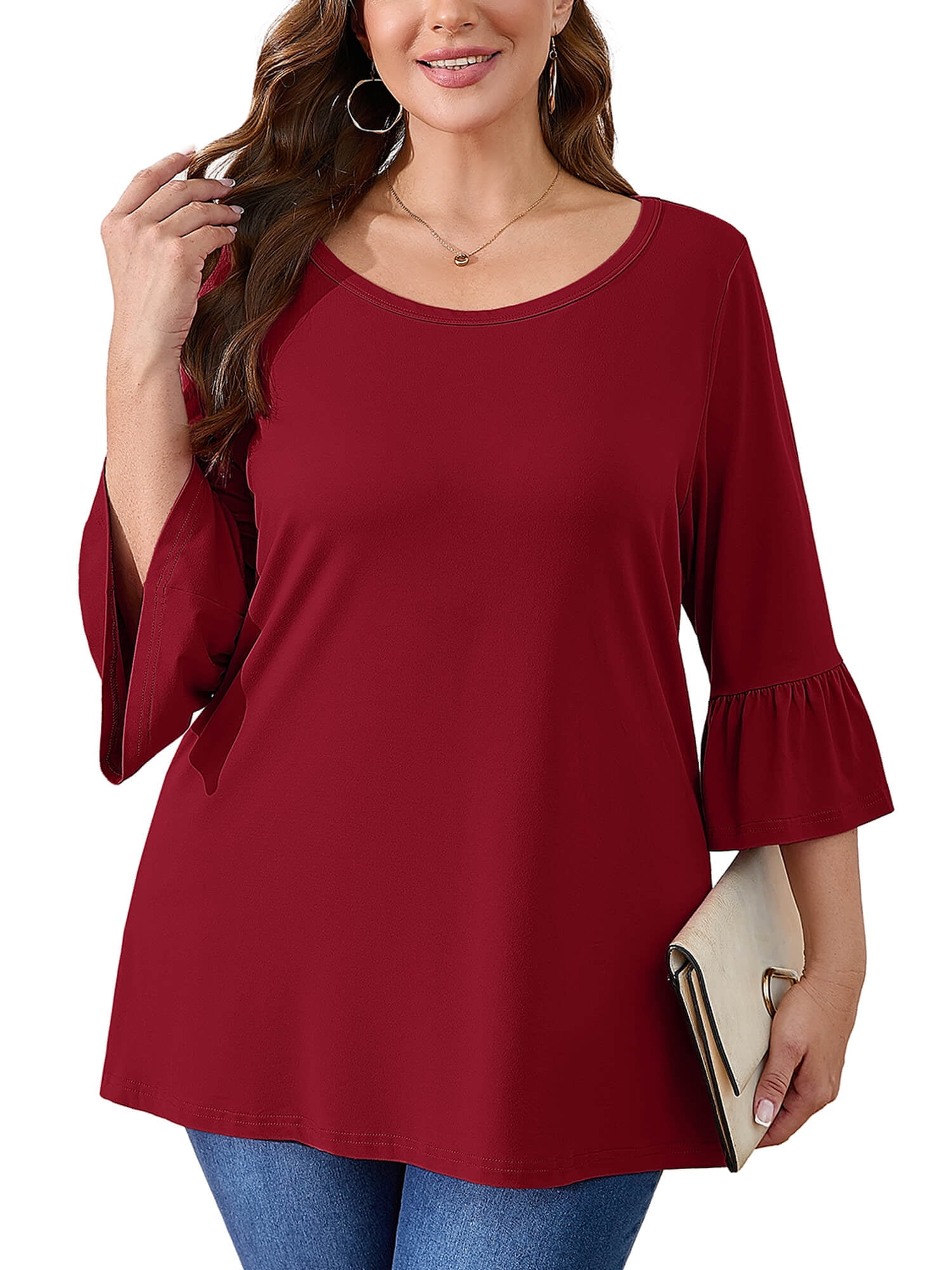 SHOWMALL Women's Plus Size Blouses Fared Sleeve Ultimate T shirts Wine ...