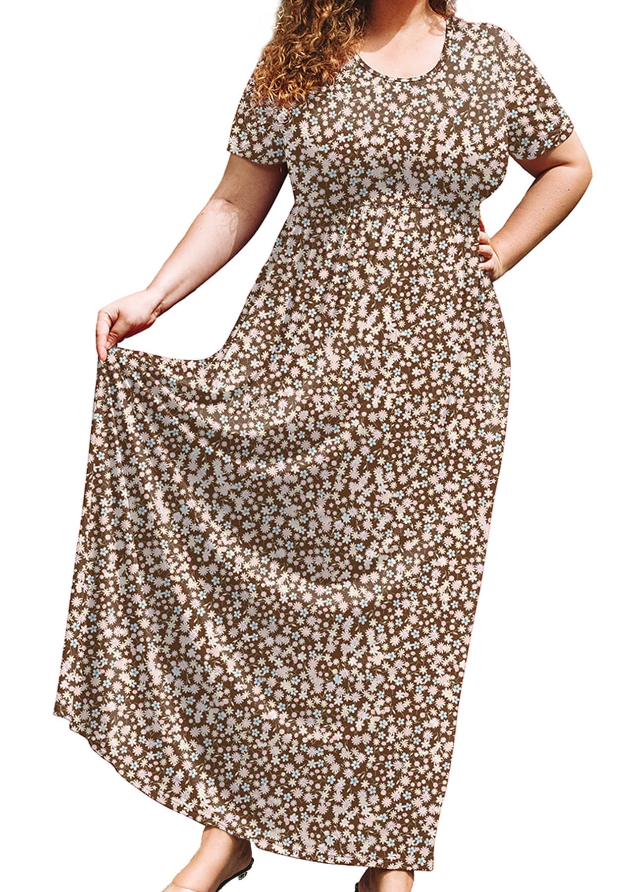SHOWMALL Women's Plus Size Boho Floral Maxi Dress with Pockets, Cocoa ...