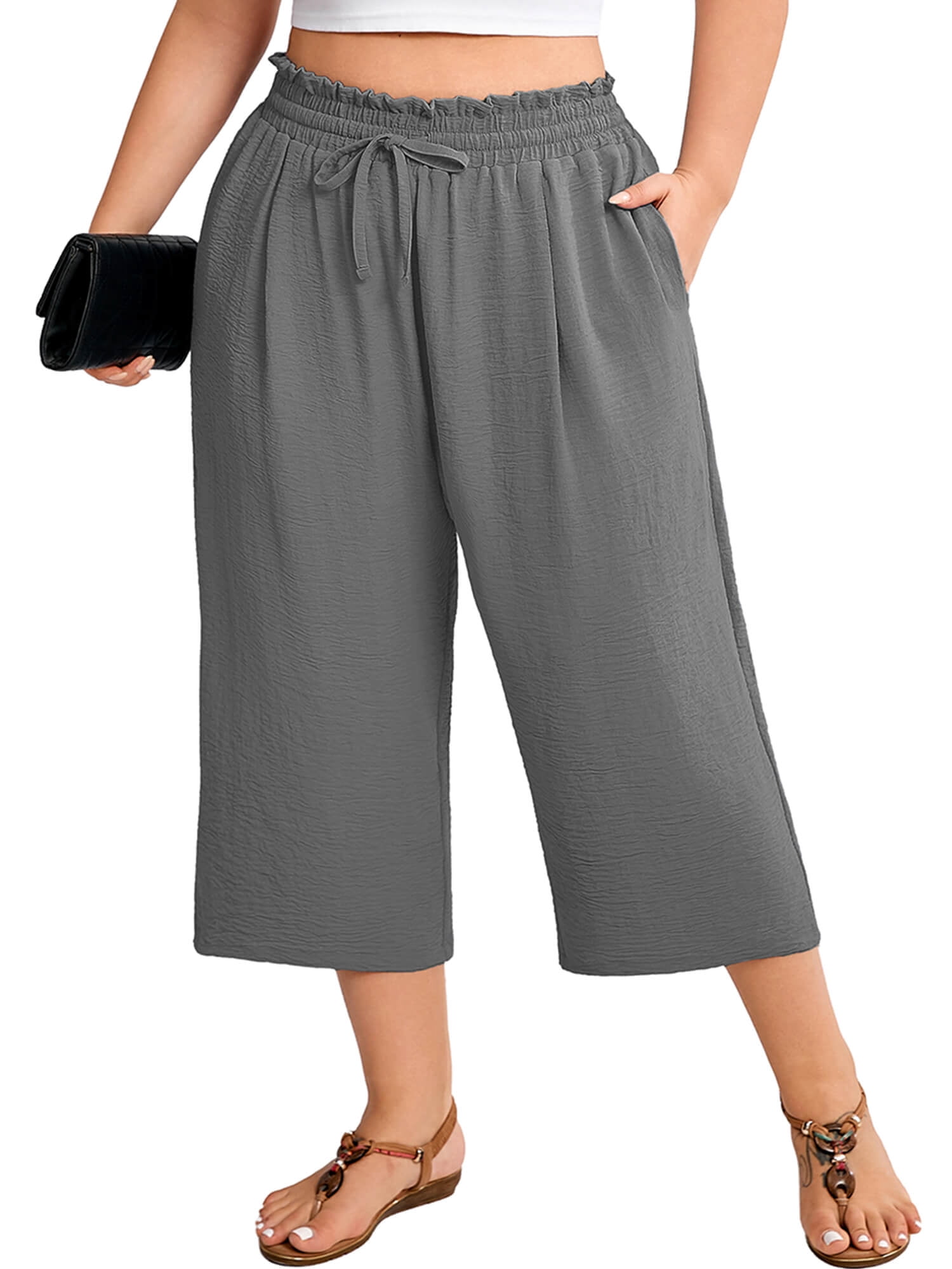 SHOWMALL Women's Plus Size Capris with Pockets, High Waisted Elastic ...