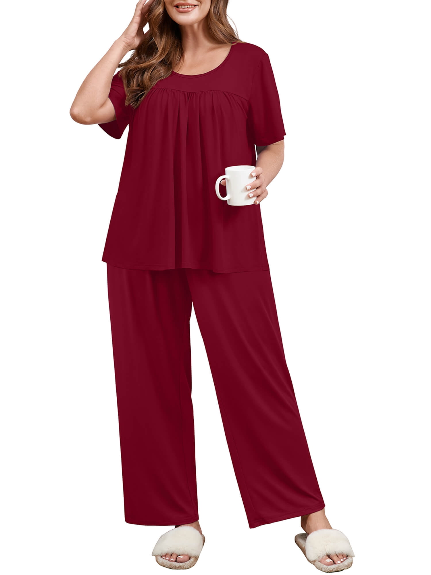 SHOWMALL Women's Plus Size Loungewear Pajama Set, Burgundy 3X Short ...