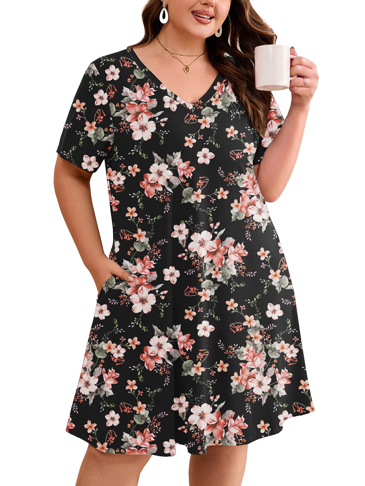 SHOWMALL Women's Plus Size Nightgown Short Sleeve Sleepwear Floral ...