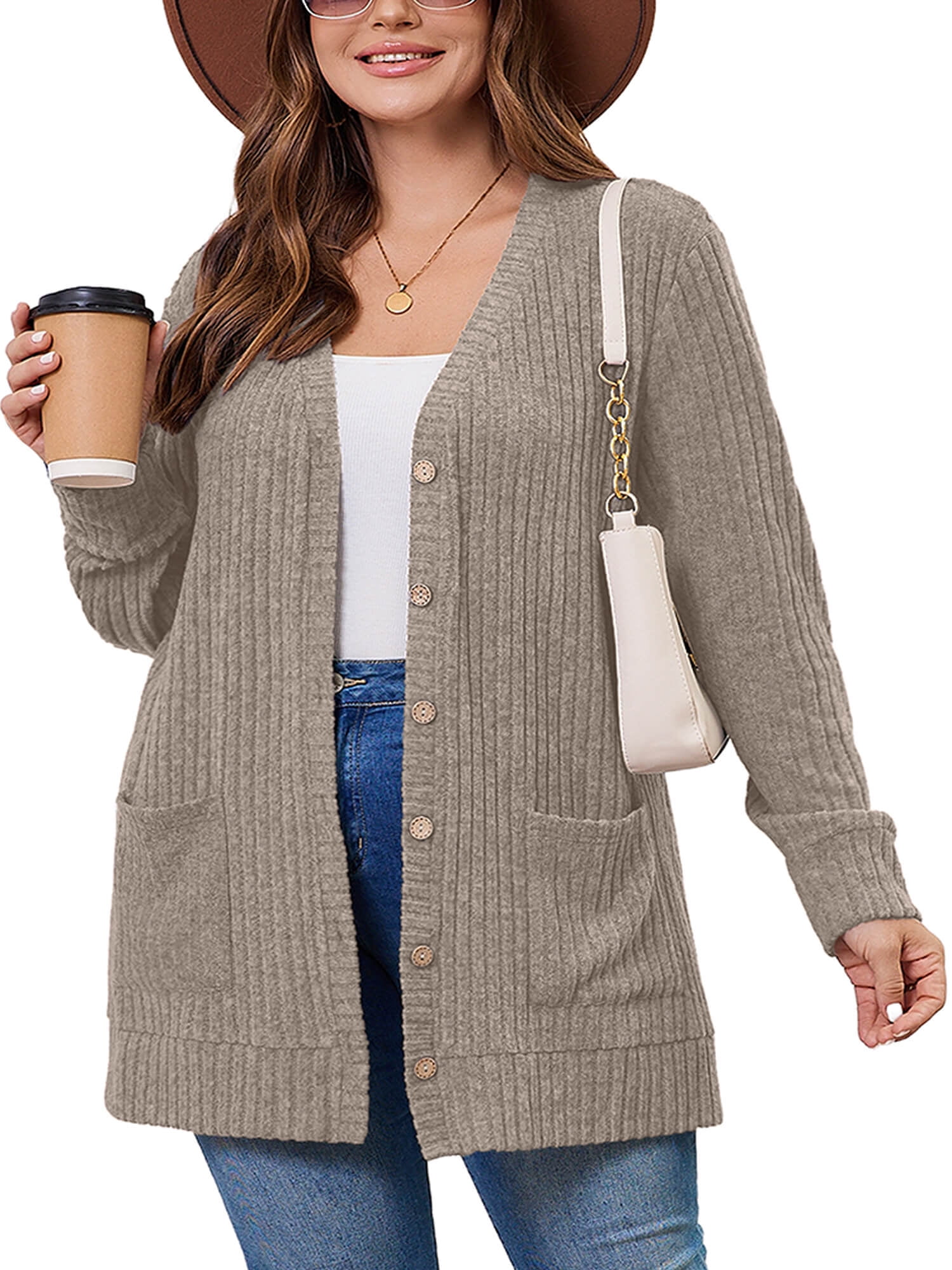 SHOWMALL Women's Plus Size Open Front Cardigan, Apricot 3X Ribbed Long ...