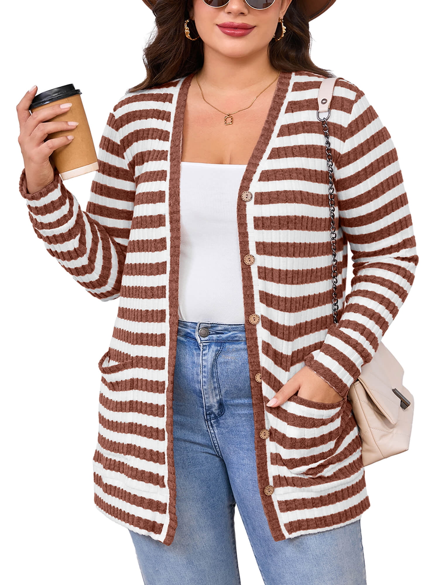 SHOWMALL Women's Plus Size Open Front Cardigan, Brown Stripe 4X Ribbed ...