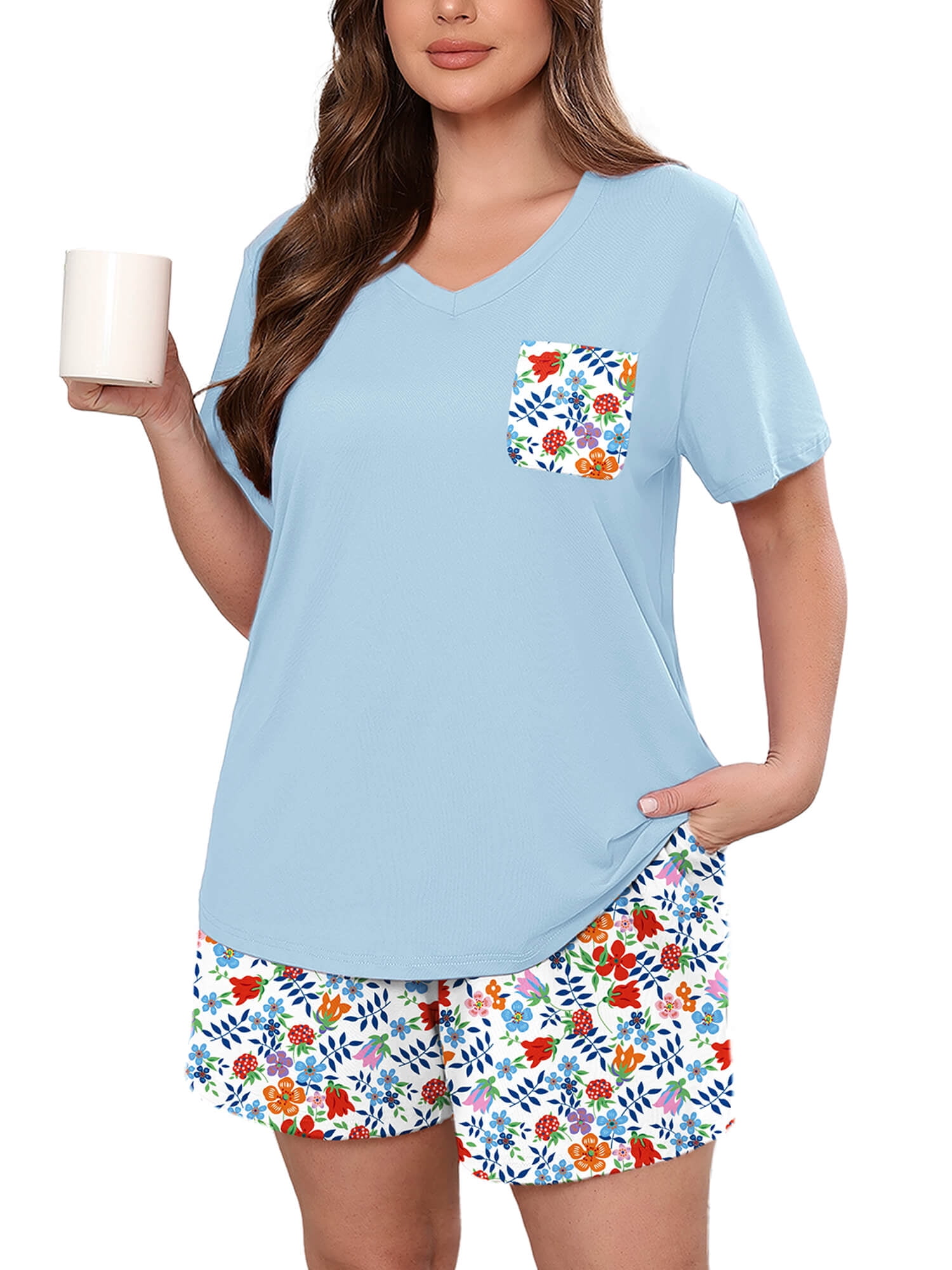 SHOWMALL Women's Plus Size Pajama Set, Orange Blue Floral Bloom 2X 2 ...