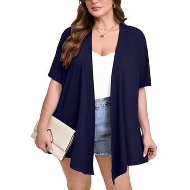 SHOWMALL Women Plus Size Summer Kimono Sides Slit Navy Blue 5X ...