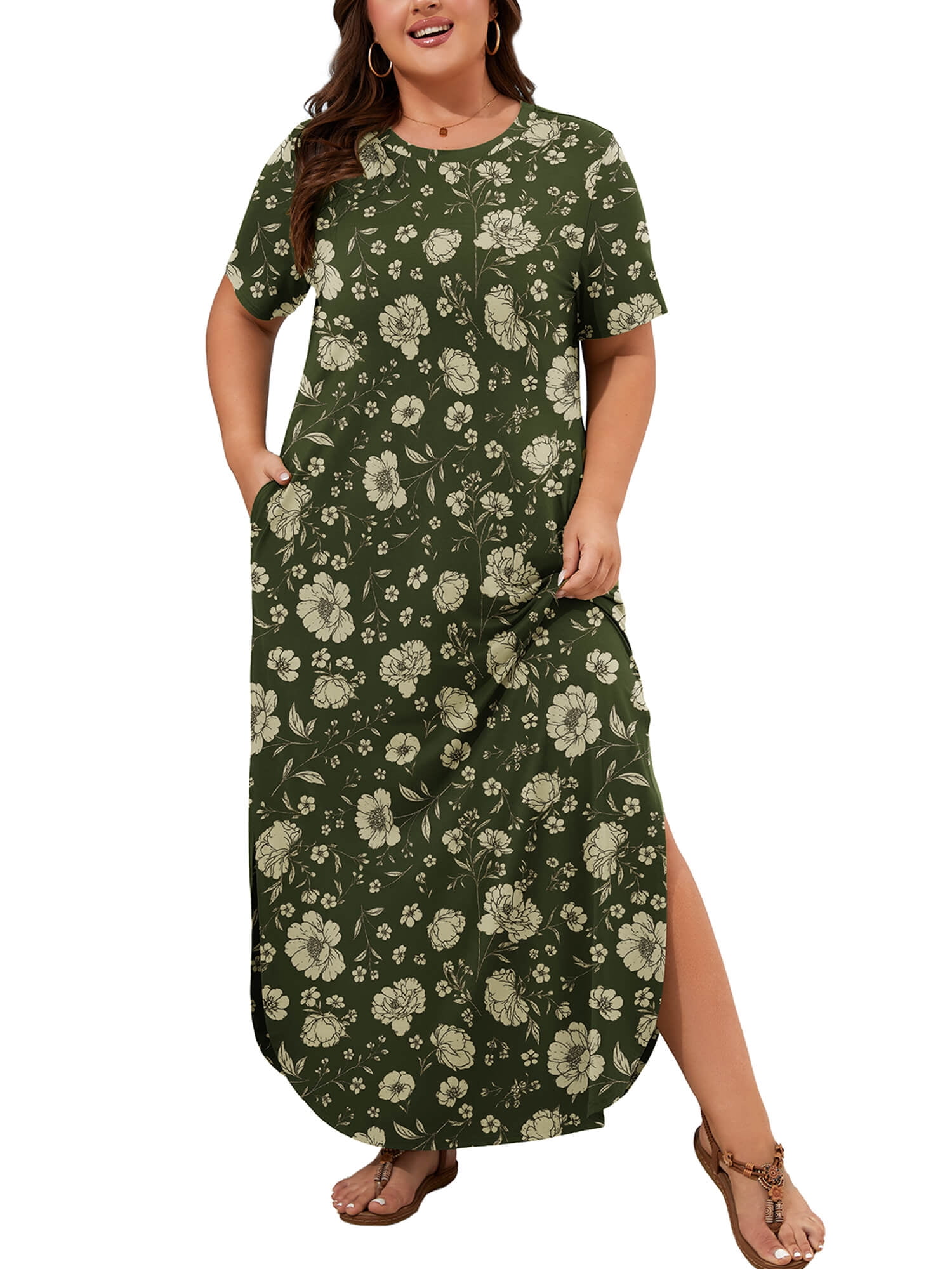 SHOWMALL Women's Plus Size Short Sleeve Maxi Dress, Vintage Moss Floral ...