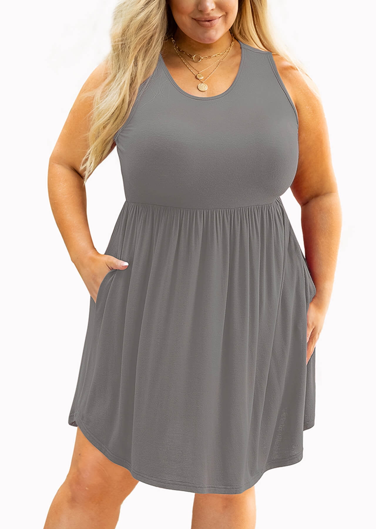 SHOWMALL Women's Plus Size Summer Dress Gray 1X Casual Sleeveless Scoop ...