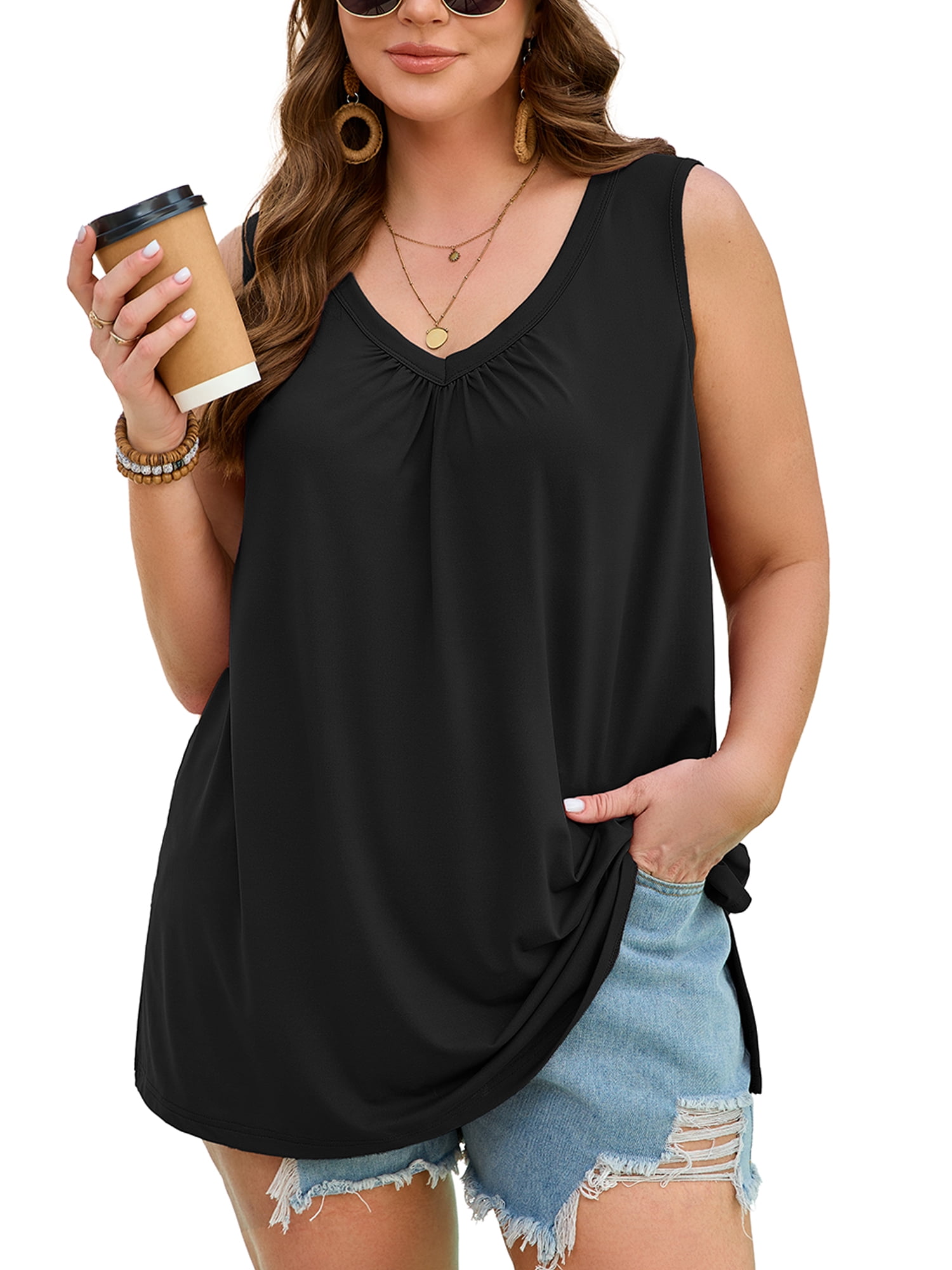 SHOWMALL Women's Plus Size Tank Top, V Neck Pleated Sleeveless Summer ...