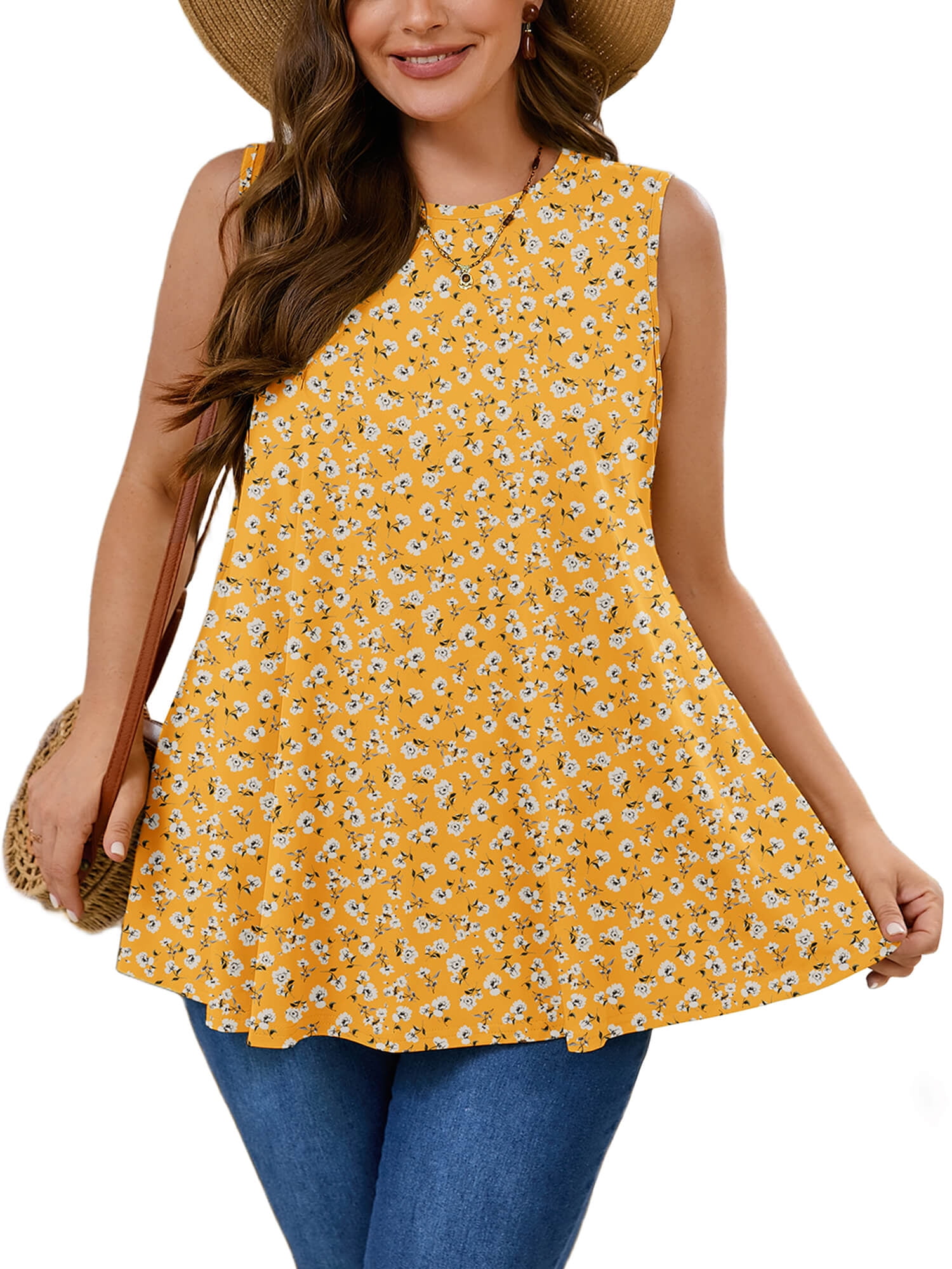 SHOWMALL Women's Plus Sleeveless Shirts Summer Floral Tunic Tops Yellow ...