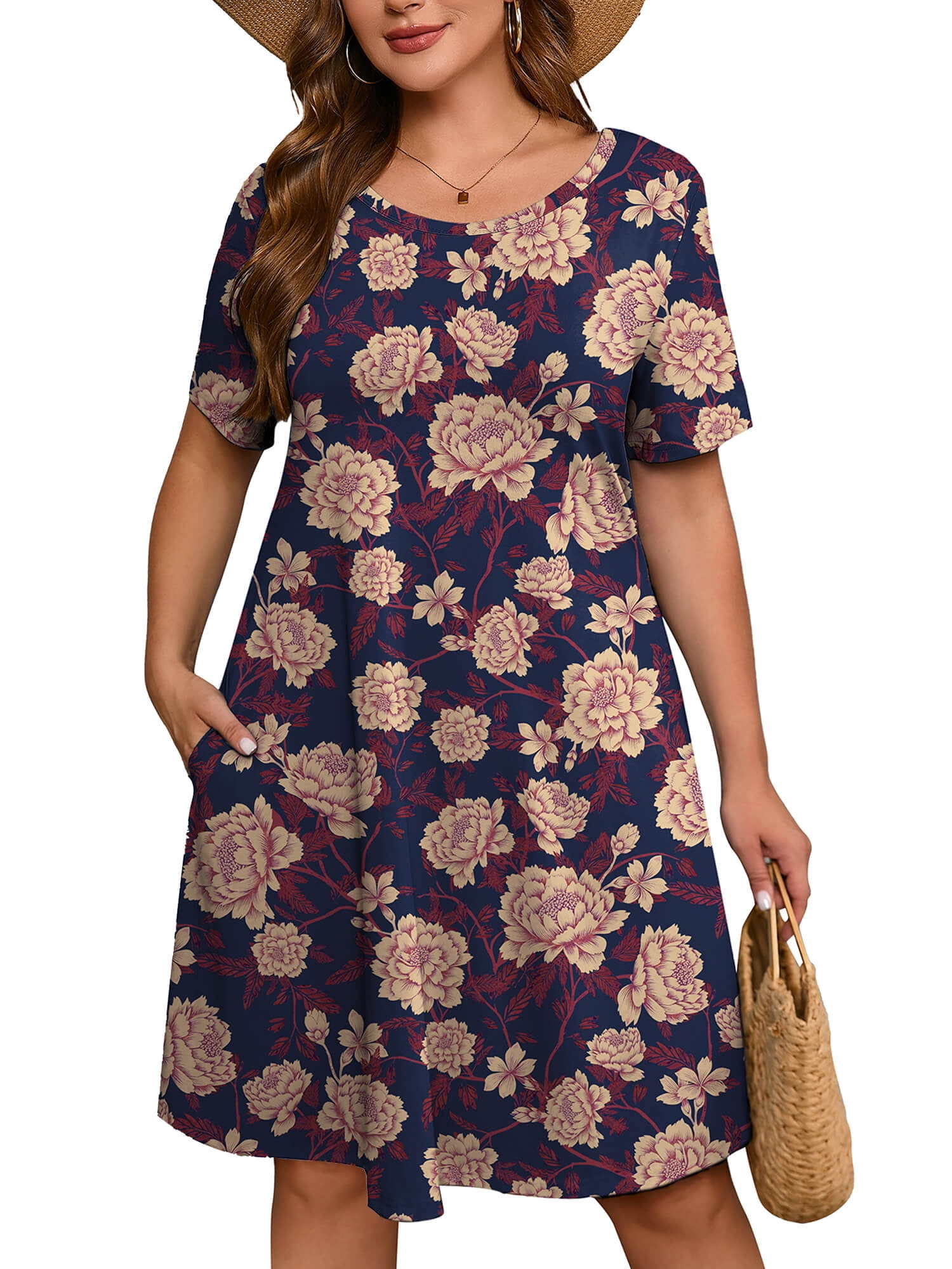 SHOWMALL Women's Plus Summer Dresses Short Sleeves Floral Casual Midi ...