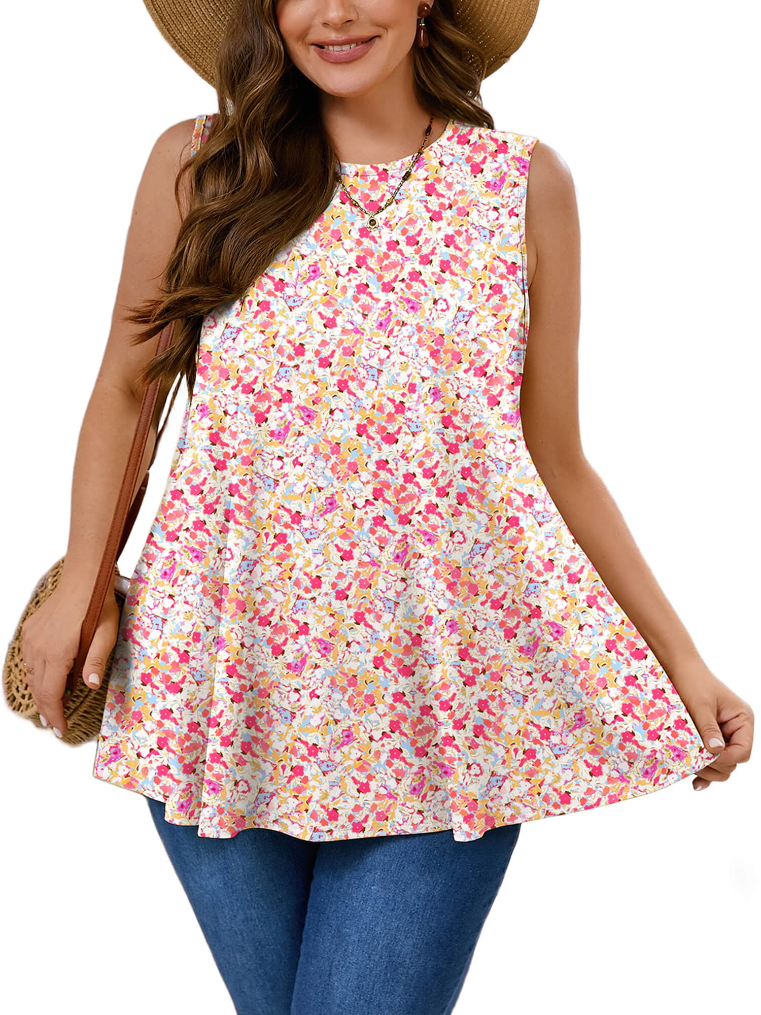 SHOWMALL Women's Plus Tank Tops Beach Sleeveless Tunics Pink Clustered ...