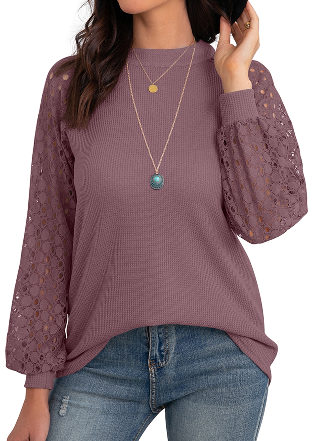 SHOWMALL Women's Waffle Knit Blouse with Puff Long Sleeves, Hollow-Out ...