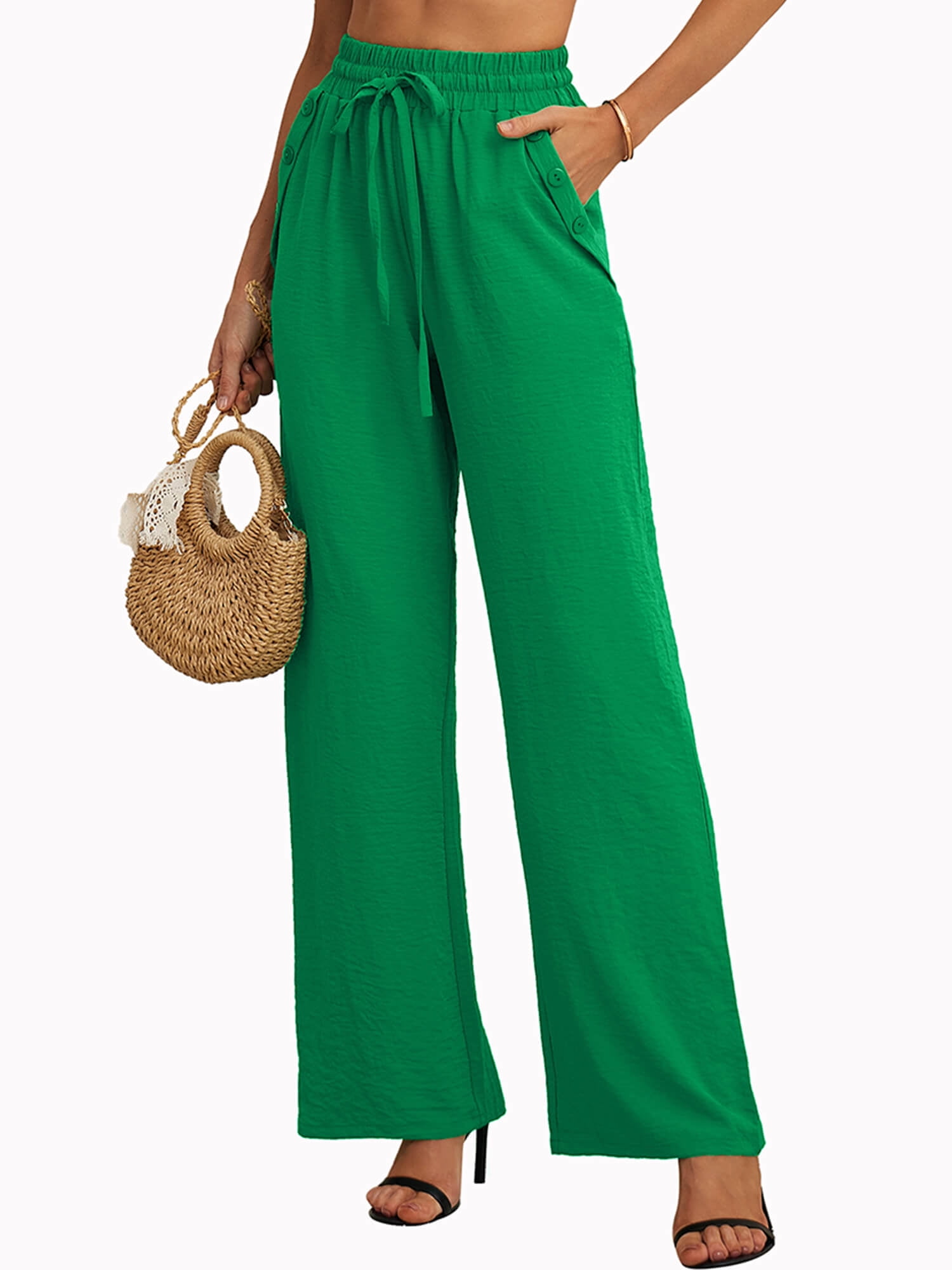SHOWMALL Women's Wide Leg Pants Drawstring Waist Pants Green 2XL Casual ...