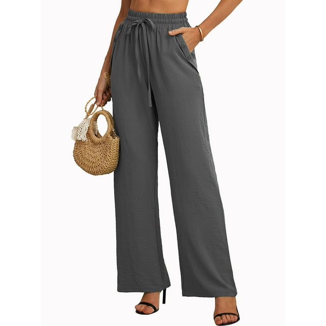 SHOWMALL Women's Wide Leg Pants Drawstring Waist Pants Grey 2XL Casual ...