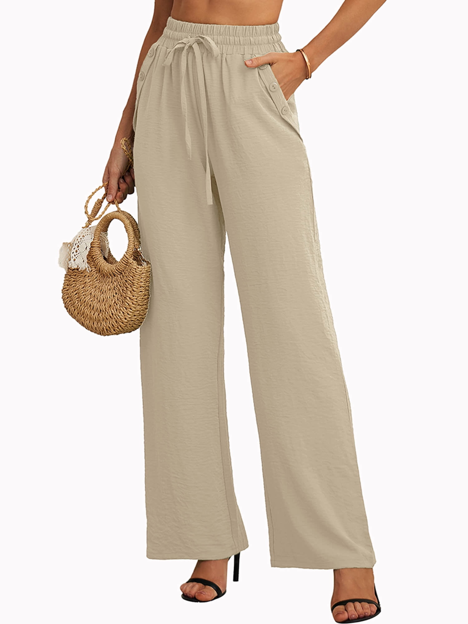 SHOWMALL Women's Wide Leg Pants Drawstring Waist Pants Light Khaki 2XL ...