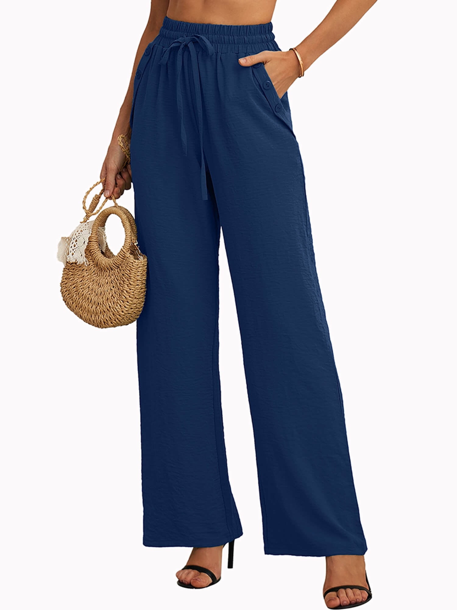 SHOWMALL Women's Palazzo Pants, Wide Leg, Drawstring, Navy Blue, 2XL ...