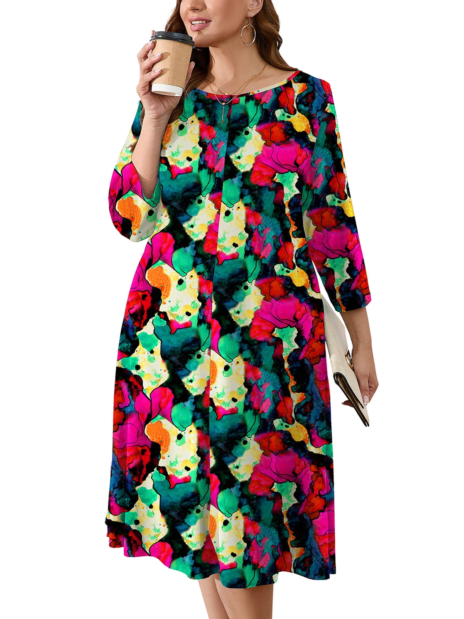 SHOWMALL Womens Plus Shirt Dresses Multicolored 4X Casual Dress 3/4 ...